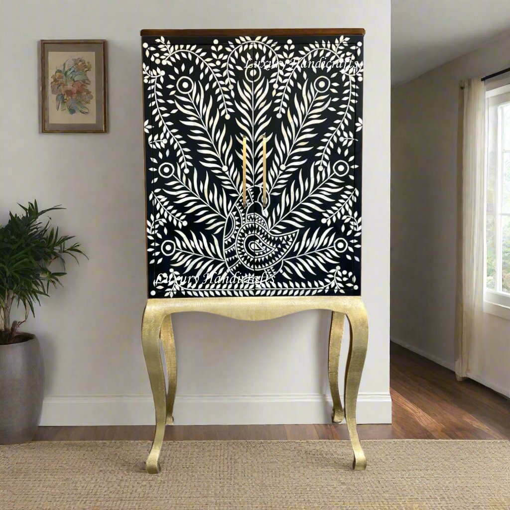 Millie Bone Inlay Bar Cabinet Peacock Black – Luxury Handicraft