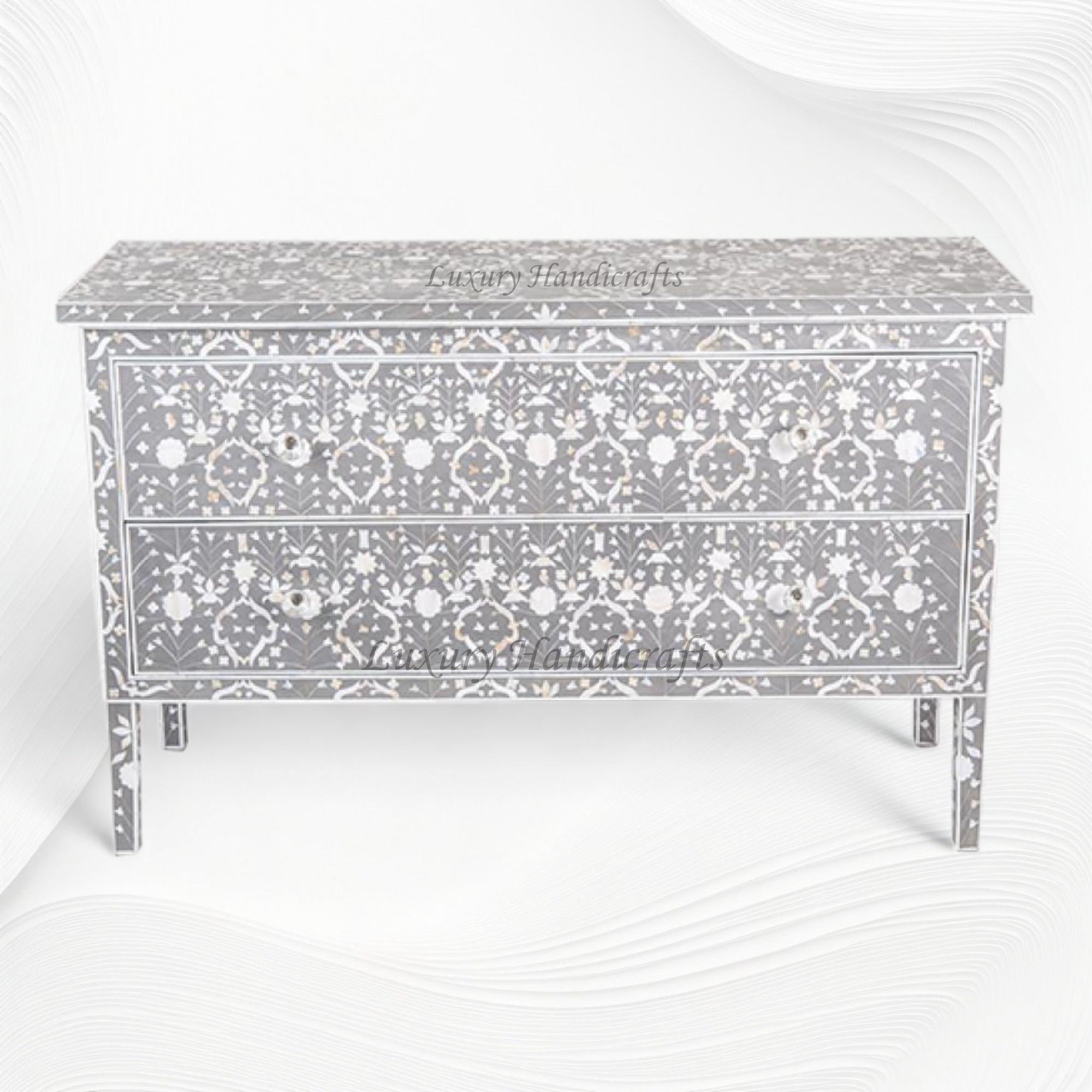 Moghul Flower MOP Inlay 2 Drawer Chest Grey – Luxury Handicraft