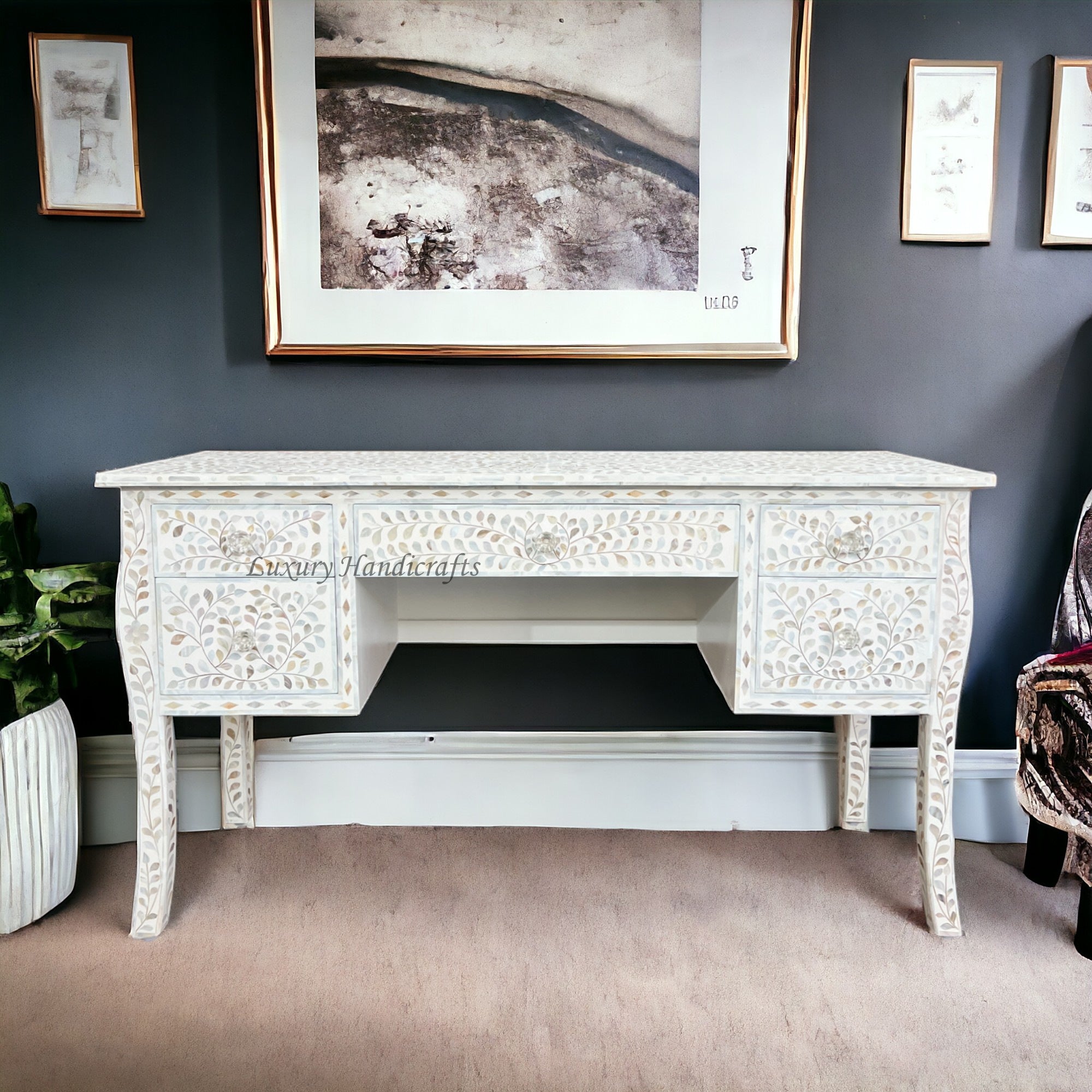 Mother of Pearl Inlay Curved 5 Drawer Floral Desk White – Luxury Handicraft