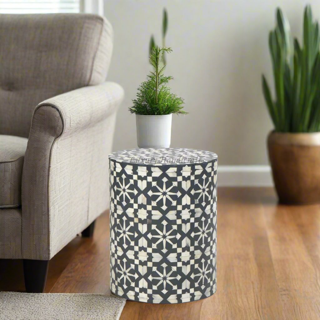 Moroccan Bone Inlay Round Side Table Black – Luxury Handicraft