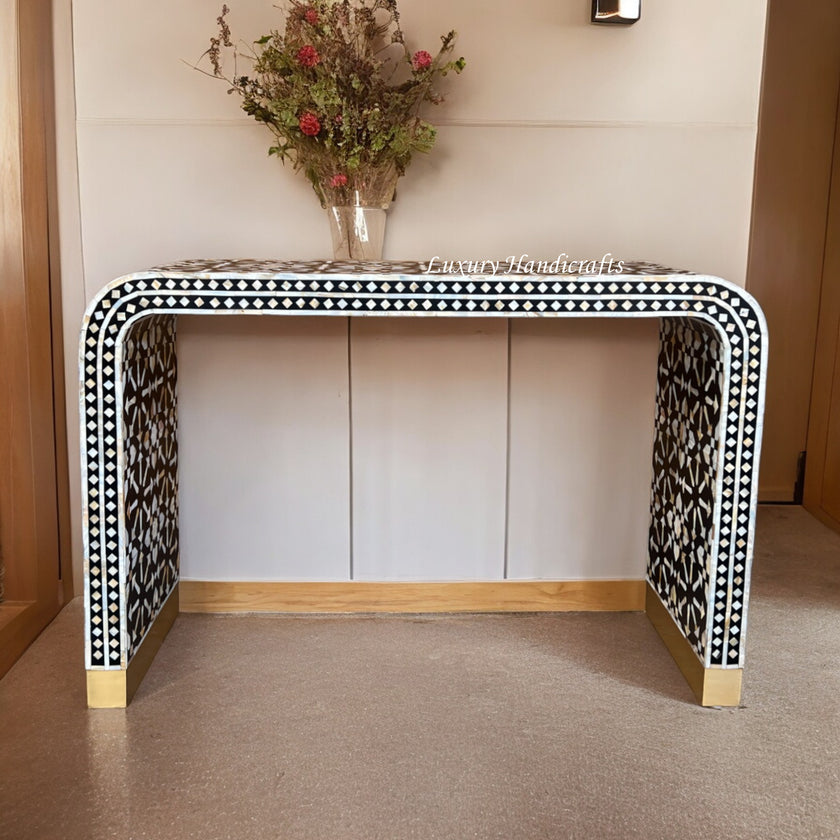Moroccan MOP Inlay Waterfall Console Table Black | Mother Of Pearl Des ...