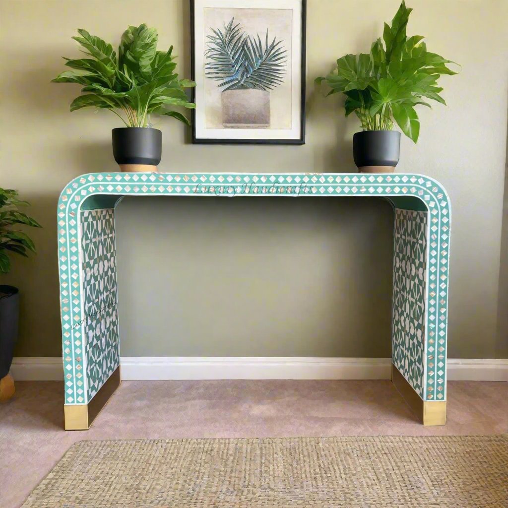 Moroccan MOP Inlay Waterfall Console Table Green | Mother Of Pearl Des ...