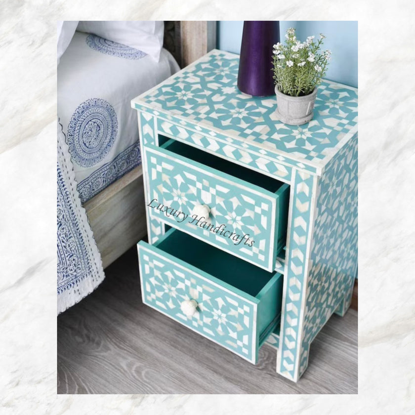 Moroccan Bone Inlay 2 Drawer Nightstand Green | Moroccan Nightstands ...