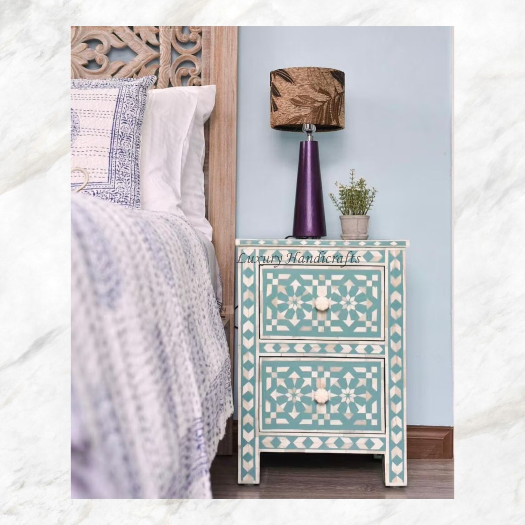 Moroccan Bone Inlay 2 Drawer Nightstand Green | Moroccan Nightstands ...