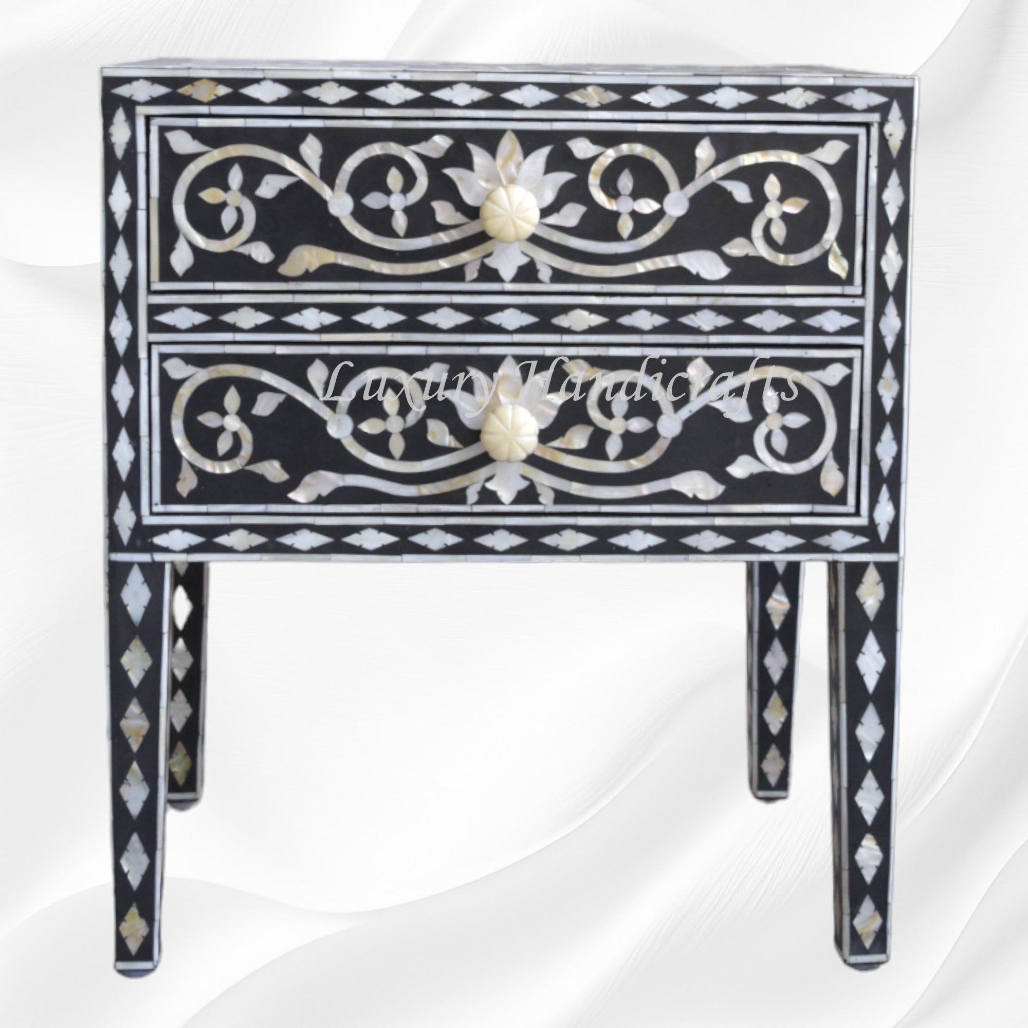 Mother Of Pearl Inlay Bedside 2 Drawer Lotus Design Black – Luxury ...