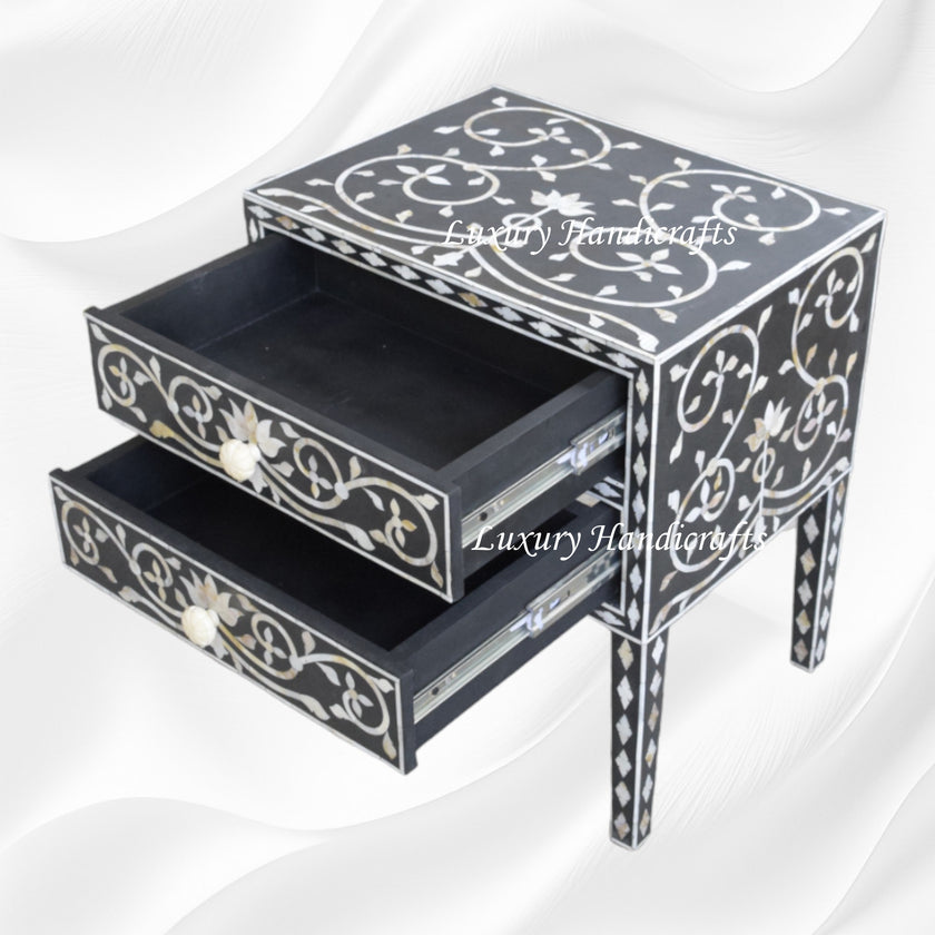 Mother Of Pearl Inlay Bedside 2 Drawer Lotus Design Black – Luxury ...