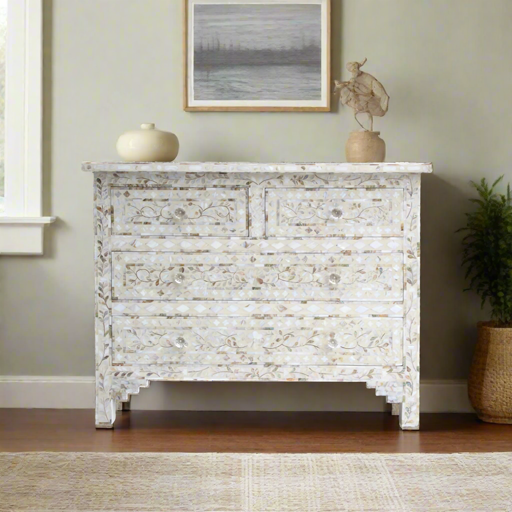 Mother Of Pearl Inlay Floral Chest Of Four Drawers Ivory – Luxury ...