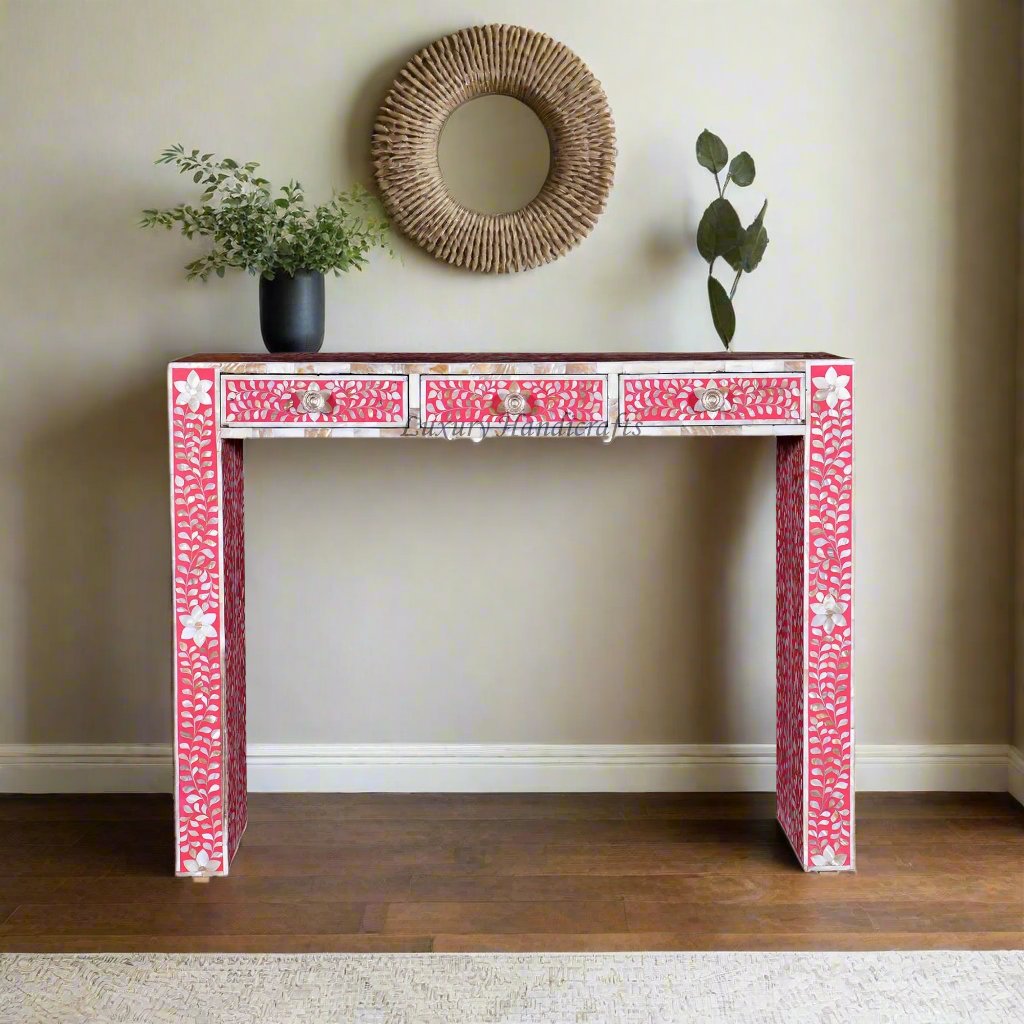 Mother Of Pearl Inlay Floral Console Table Pink – Luxury Handicraft
