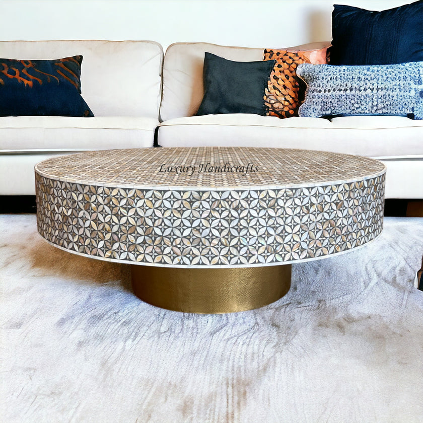 Petite Mother of Pearl Inlay Round Coffee Table Grey – Luxury Handicraft