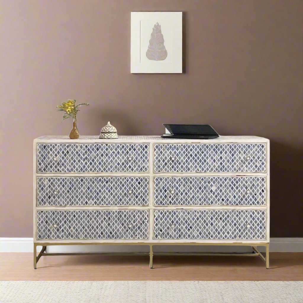 Quatrefoil Colored Bone Inlay Chest of 6 Drawers Blue – Luxury Handicraft
