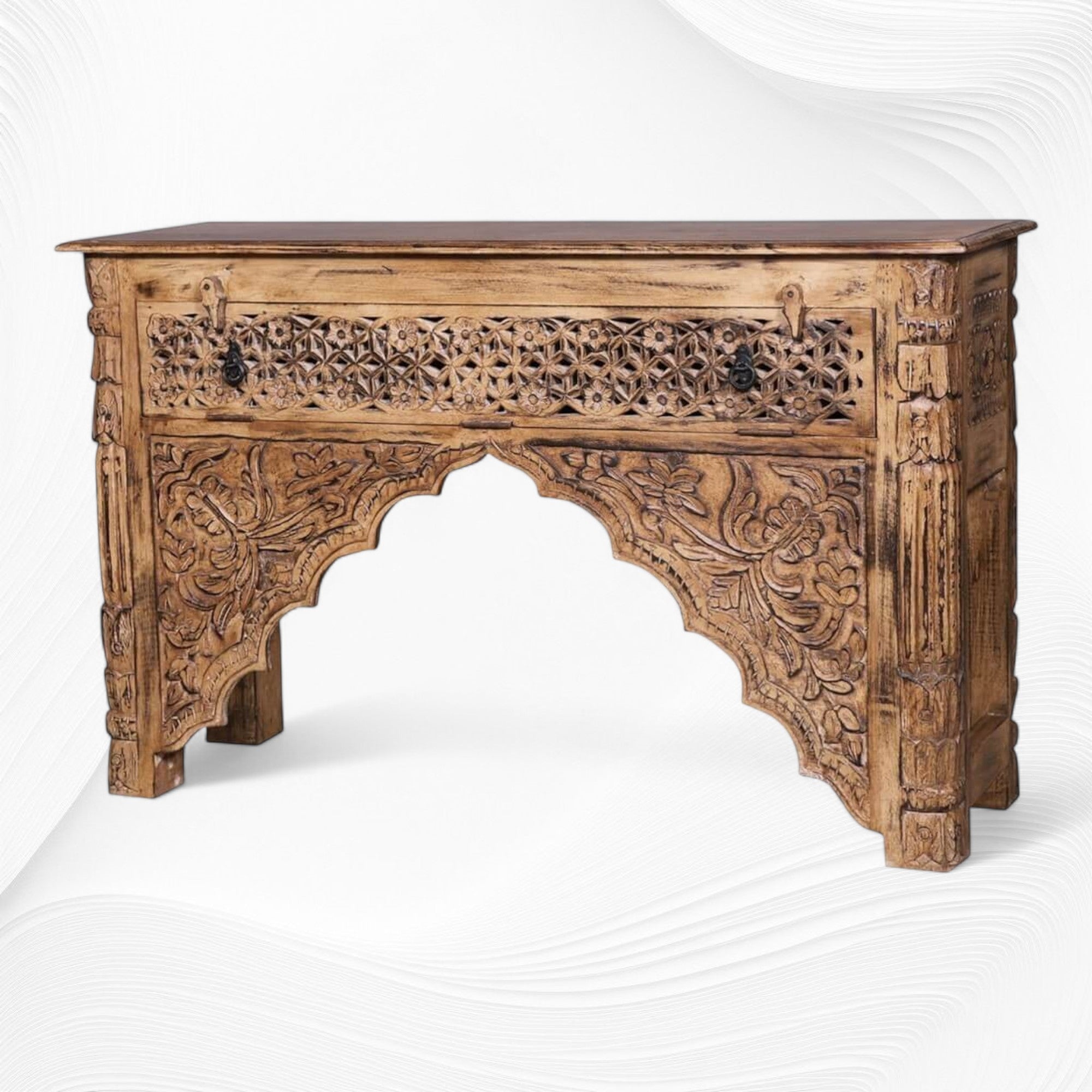Reclaimed Wood Hand Carved Console Table – Luxury Handicraft