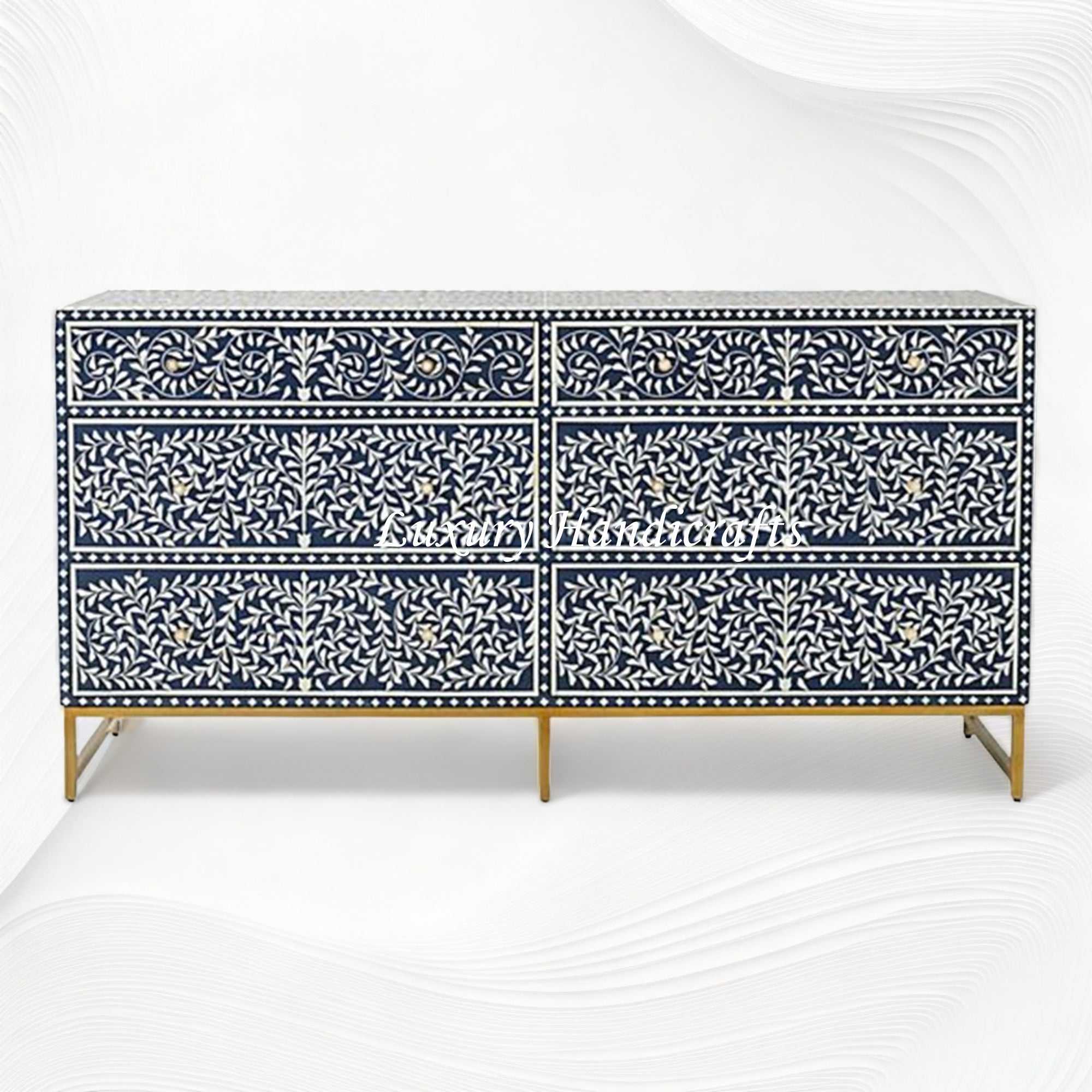 Scroll Vine Bone Inlay 6 Drawer Dresser Blue – Luxury Handicraft