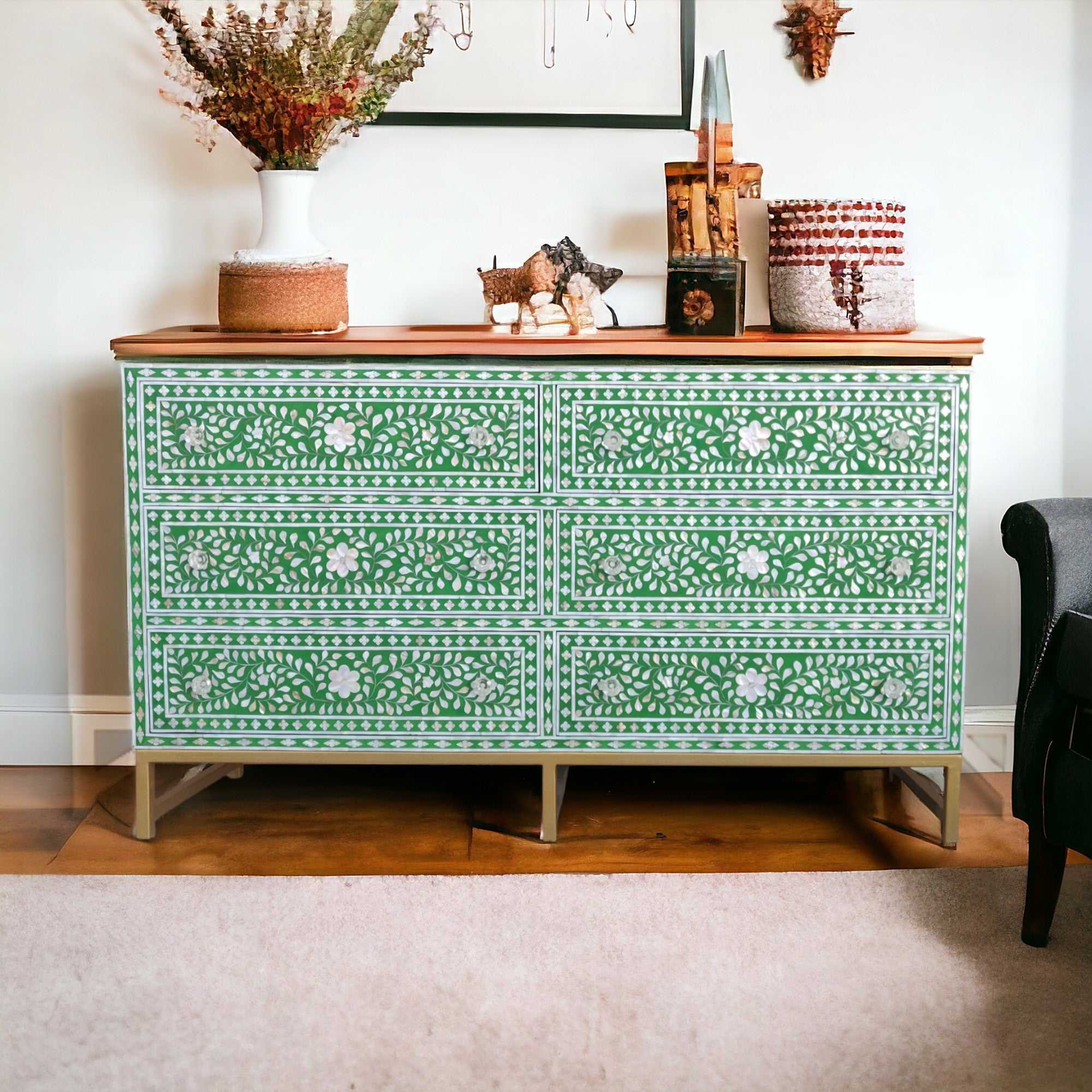 Scroll Vine MOP Inlay 6 Drawer Dresser Green – Luxury Handicraft
