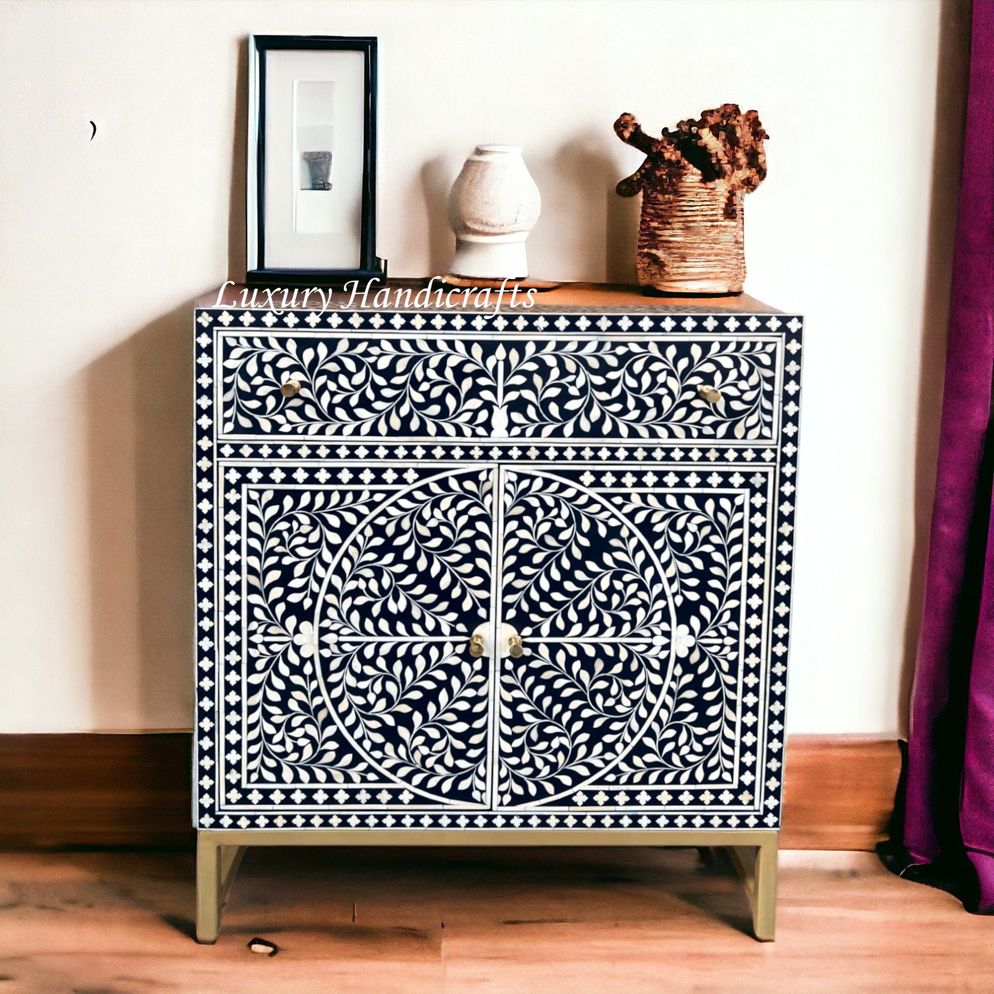 Scroll Vine Bone Inlay Entryway Cabinet Navy Blue – Luxury Handicraft