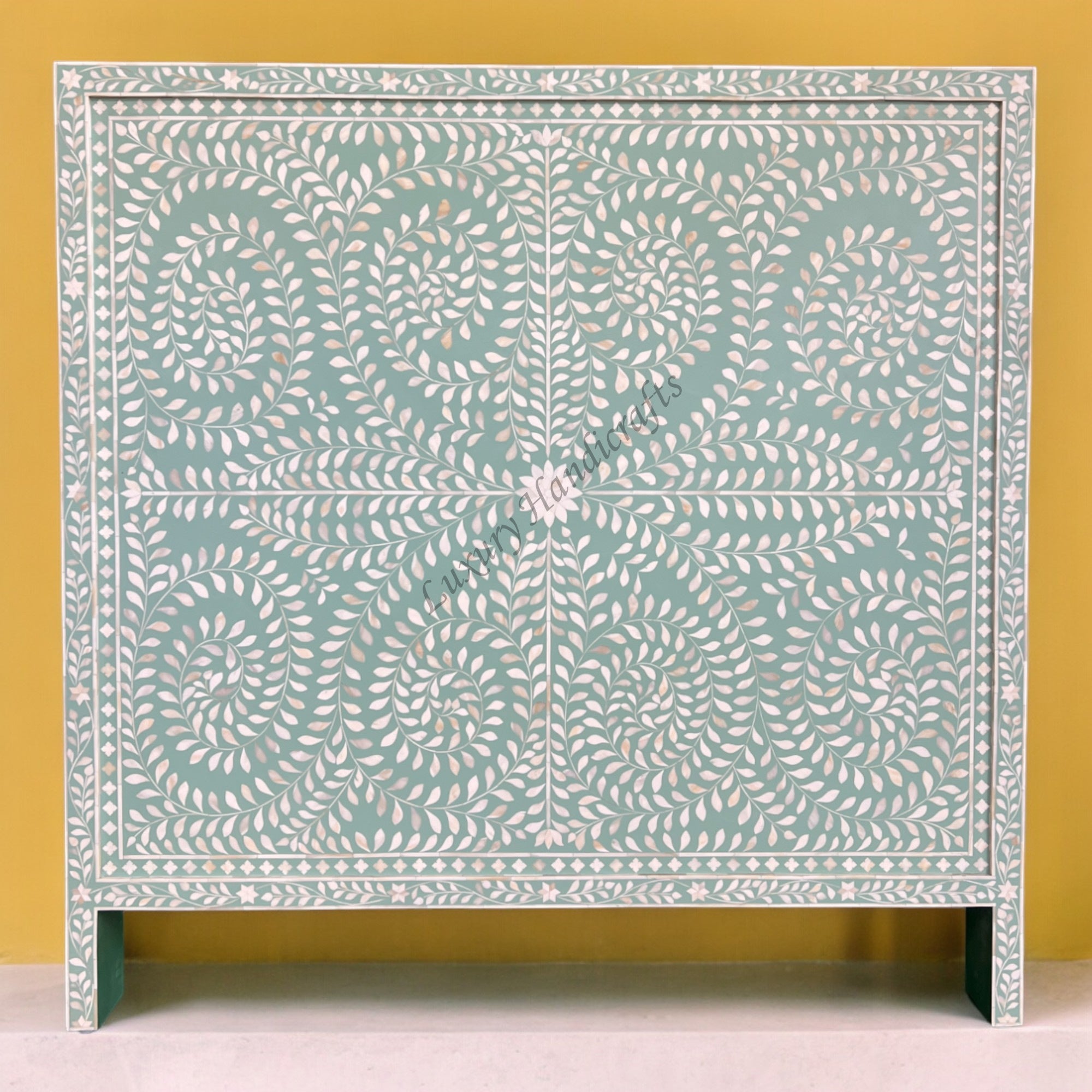 Scroll Vine Bone Inlay Headboard Sage Green – Luxury Handicraft