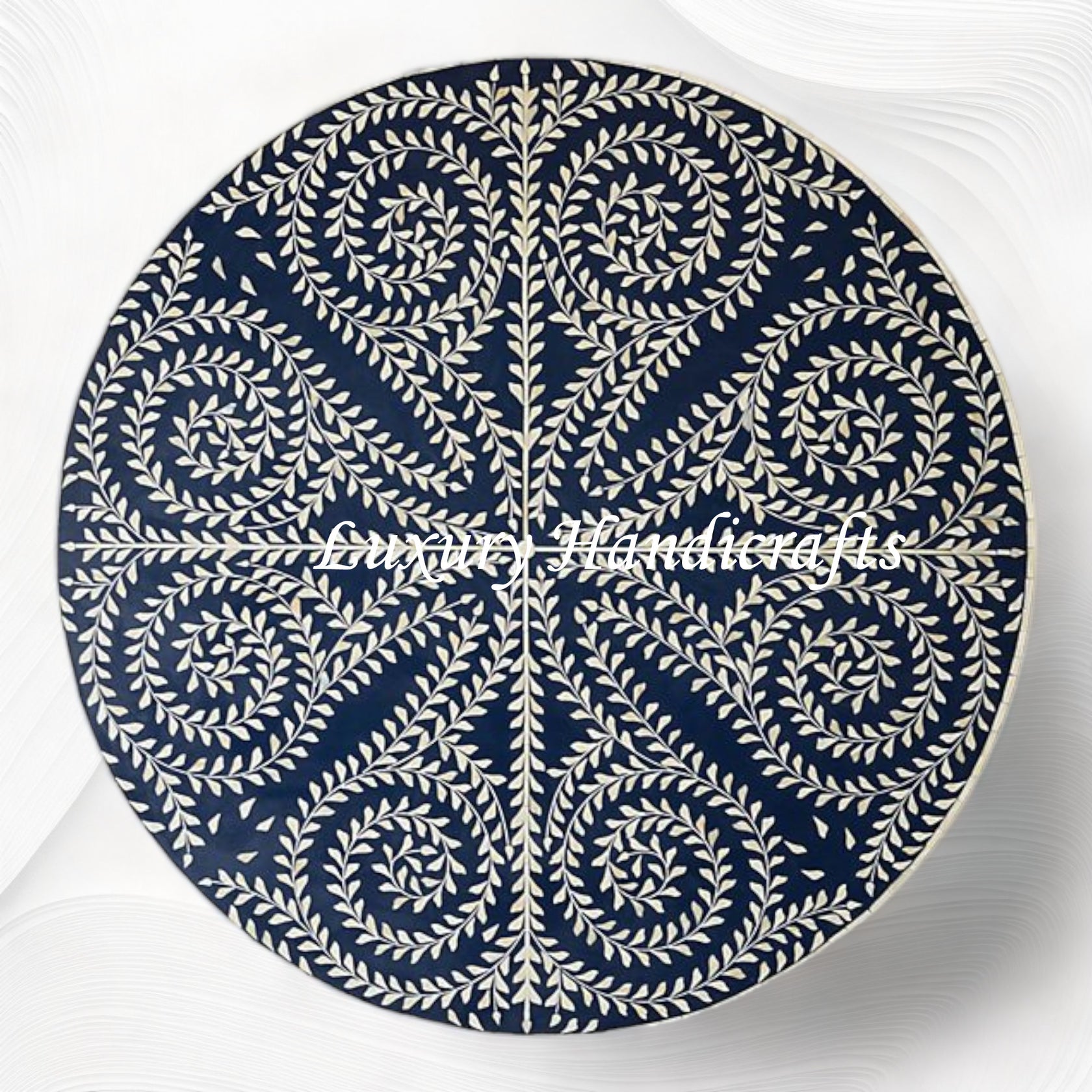 Scroll Vine Bone Inlay Coffee Table Indigo Blue| Round Inlay Coffee Ta ...