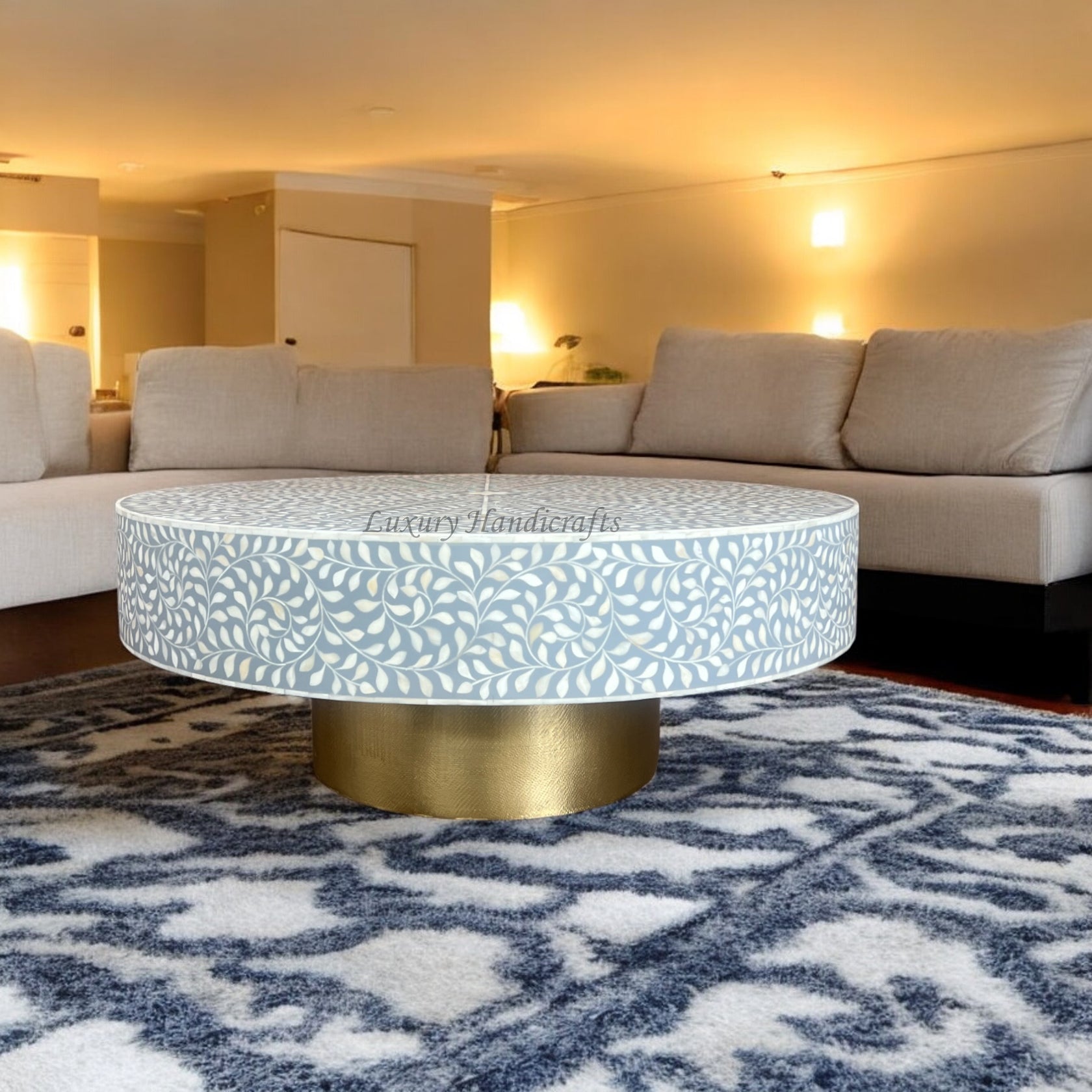 Scroll Vine Bone Inlay Coffee Table Grey | Round Inlay Coffee Table ...