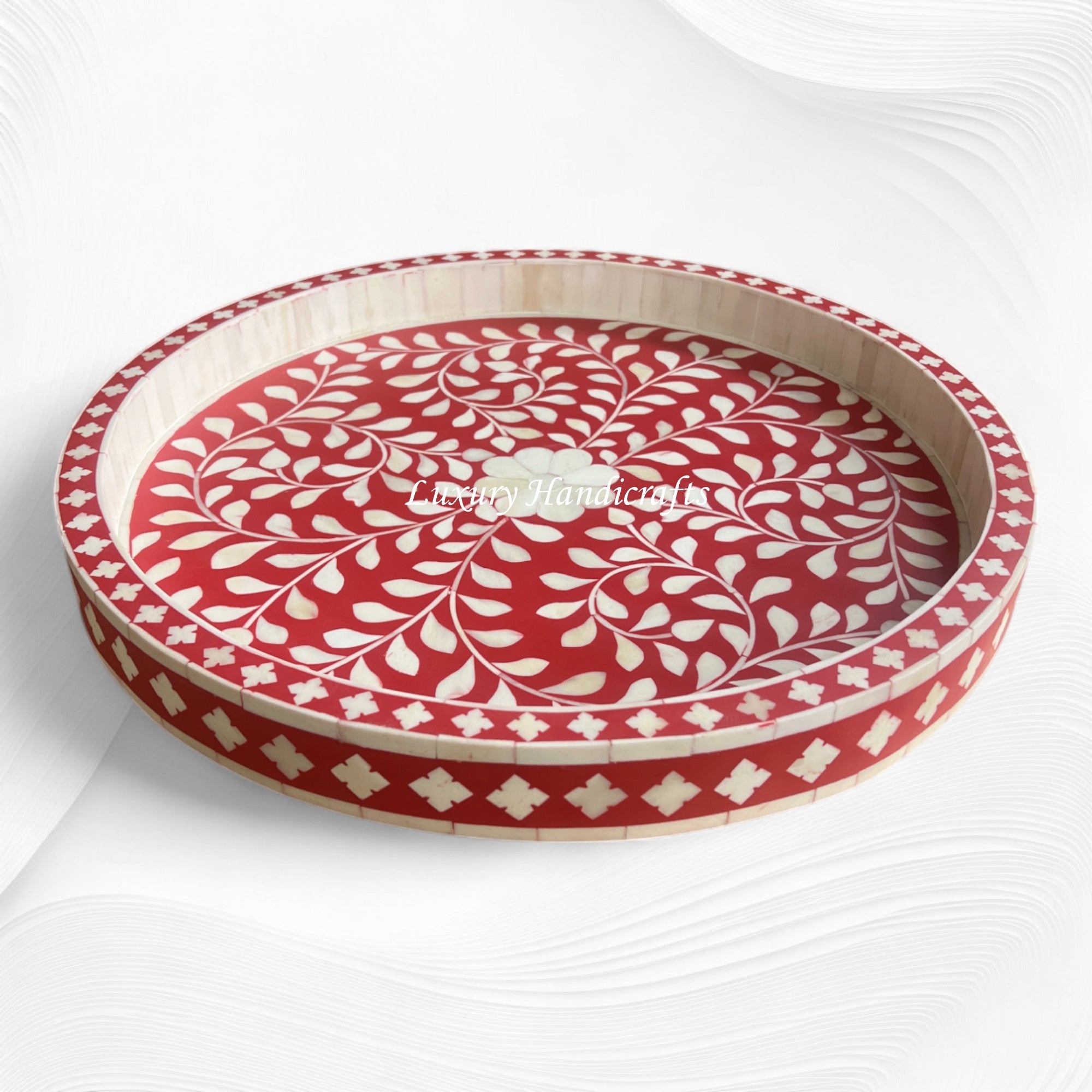 Small Round Bone Inlay Tray Floral Design Red – Luxury Handicraft