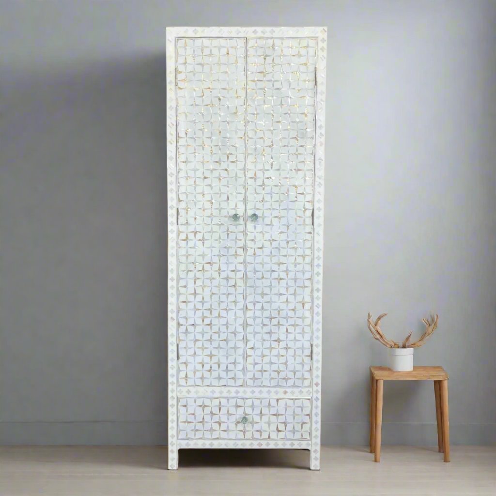 Star Mother Of Pearl Inlay Wardrobe White – Luxury Handicraft