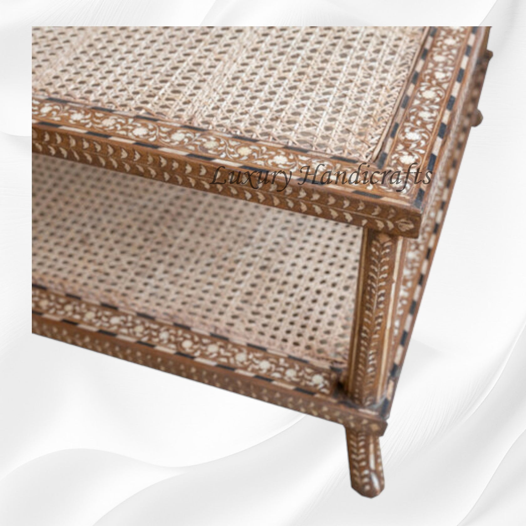 Teakwood Bone Inlaid Cane Coffee Table Natural | Bone Inlay Table ...