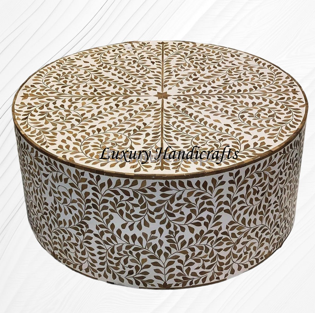 Teakwood Inlay Round Coffee Table White – Luxury Handicraft