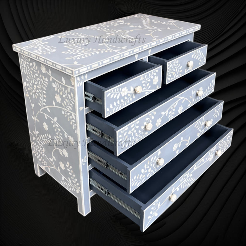 Vine Bone Inlay 5 Drawer Dresser Grey – Luxury Handicraft