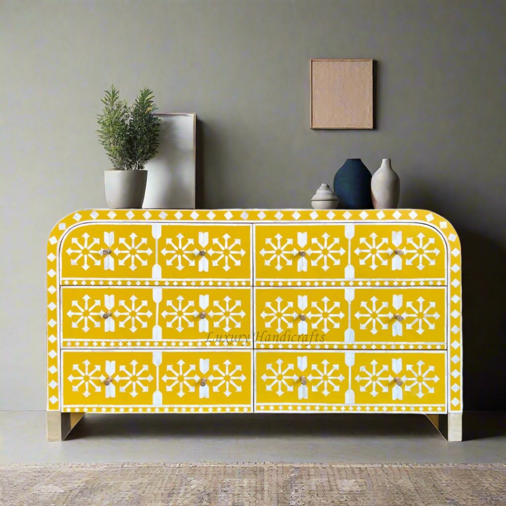 Waterfall Moroccan Bone Inlay 6 Drawer Sideboard Yellow – Luxury Handicraft