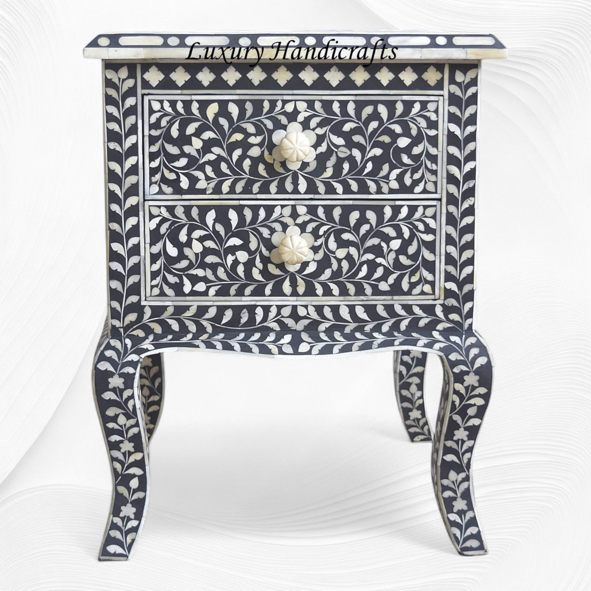 Black Bone Inlay Floral 2 Drawer Curved Leg Bedside – Luxury Handicraft