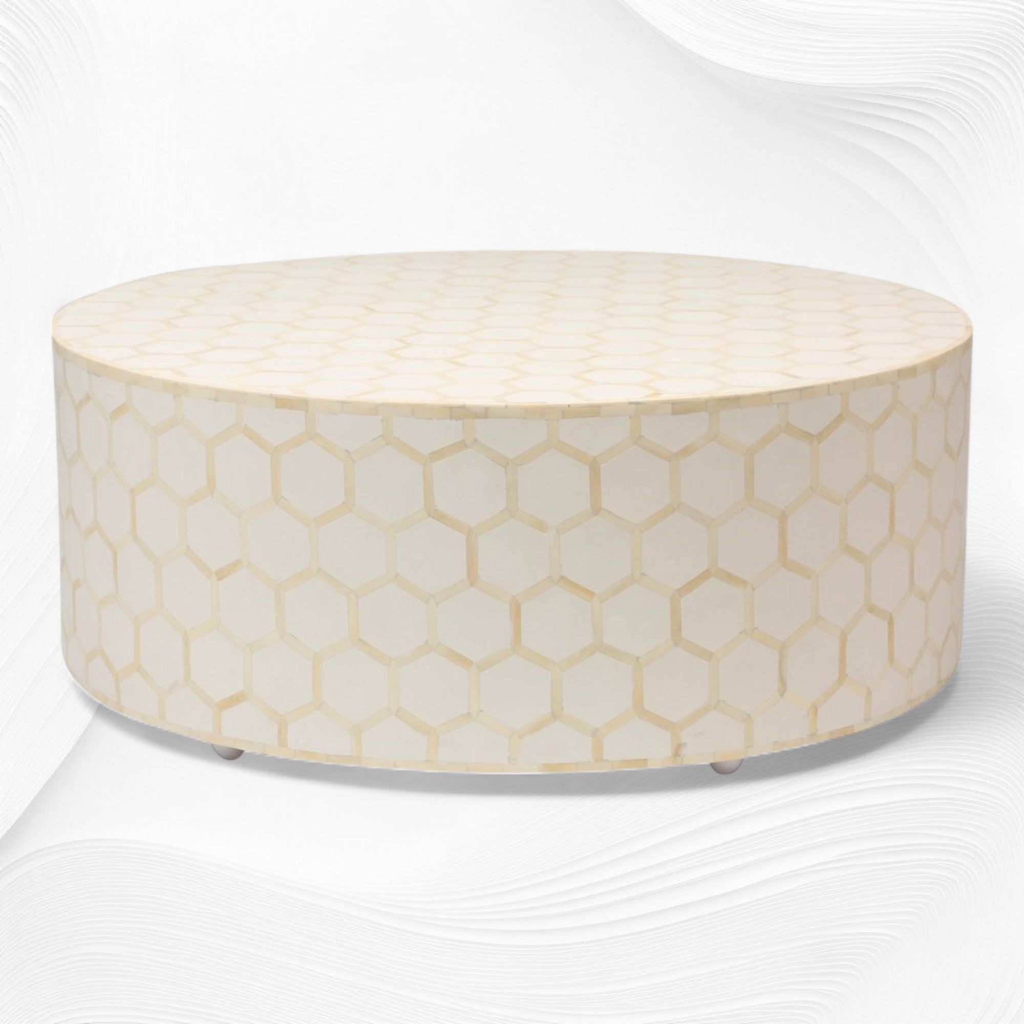 Bone Inlaid Round Coffee Table Honeycomb White | Bone And Wood Inlay T ...