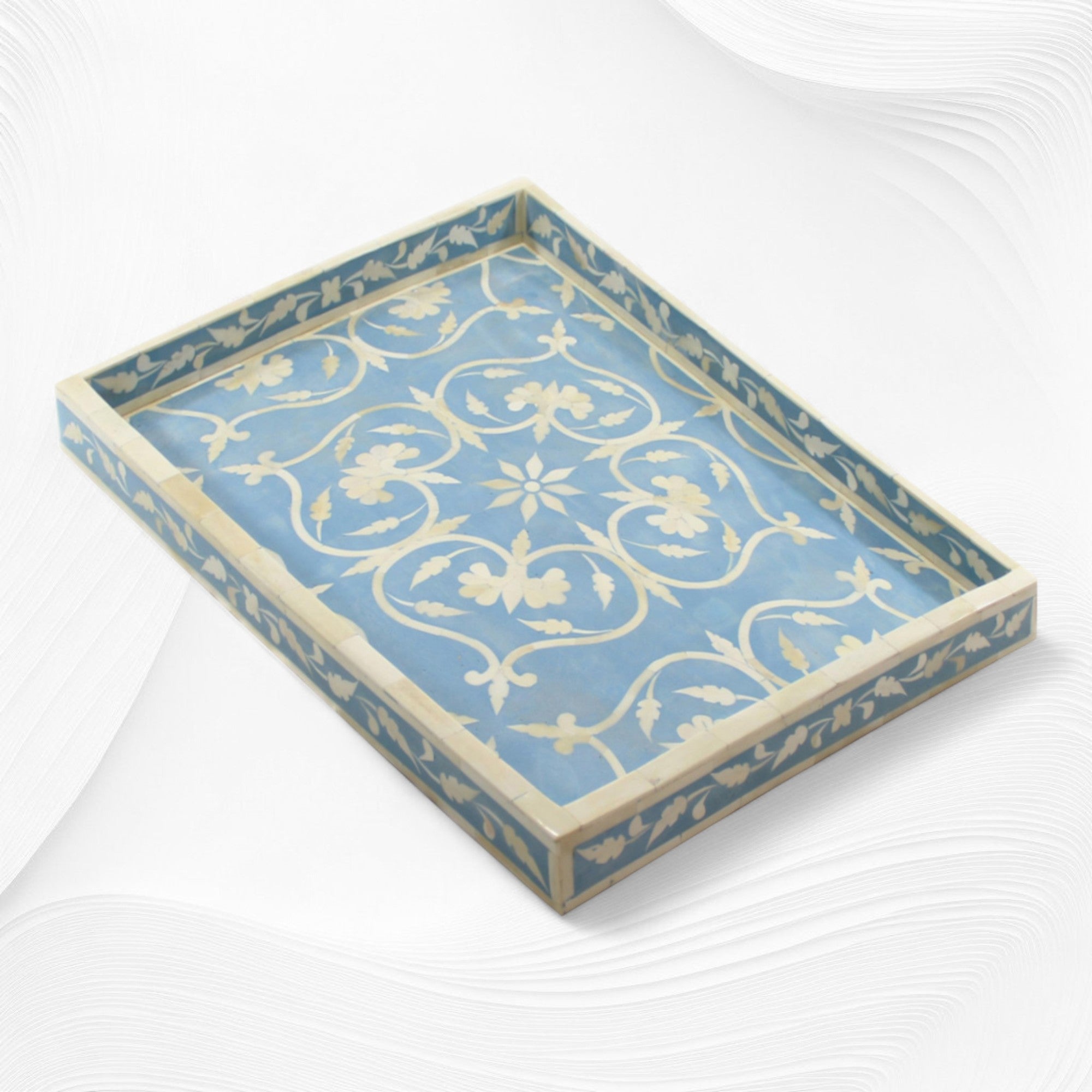 Bone Inlay Flower Tray Sky Blue | Blue Bone Inlay Tray – Luxury Handicraft