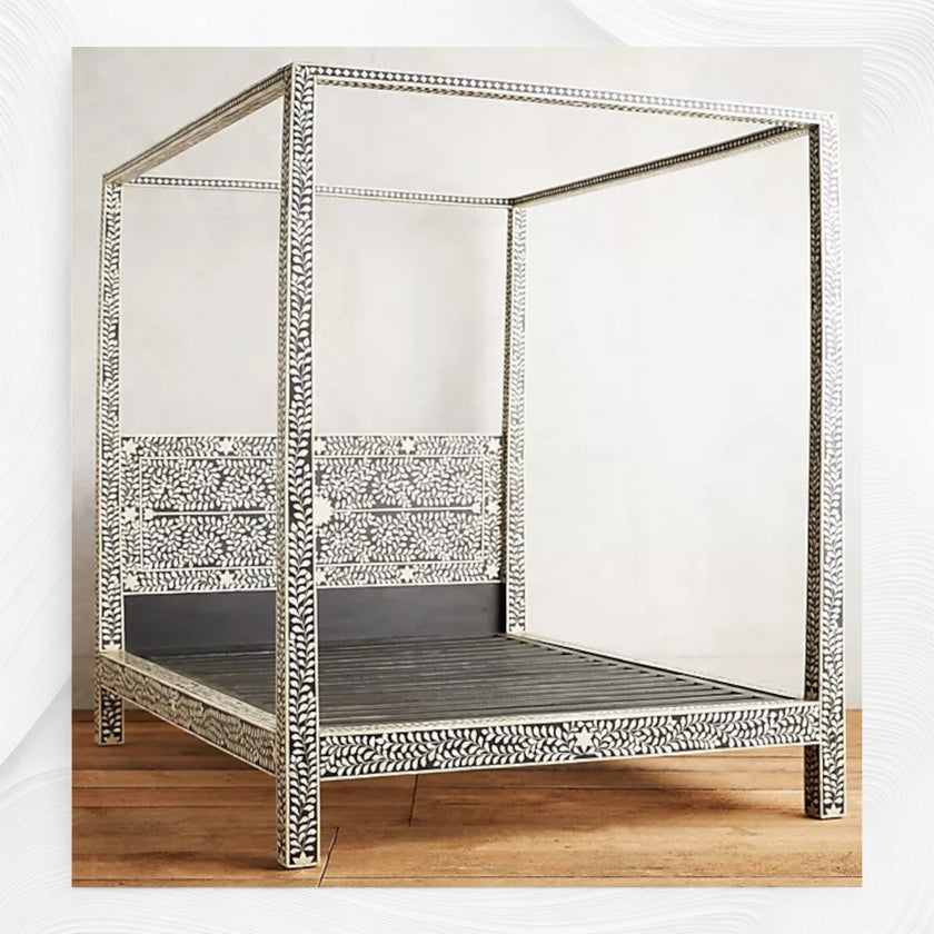 Bone Inlay Four Poster Bed Black – Luxury Handicraft
