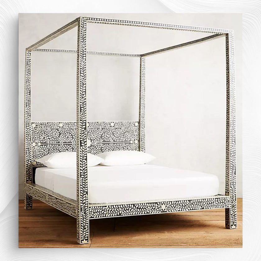 Bone Inlay Four Poster Bed Black – Luxury Handicraft