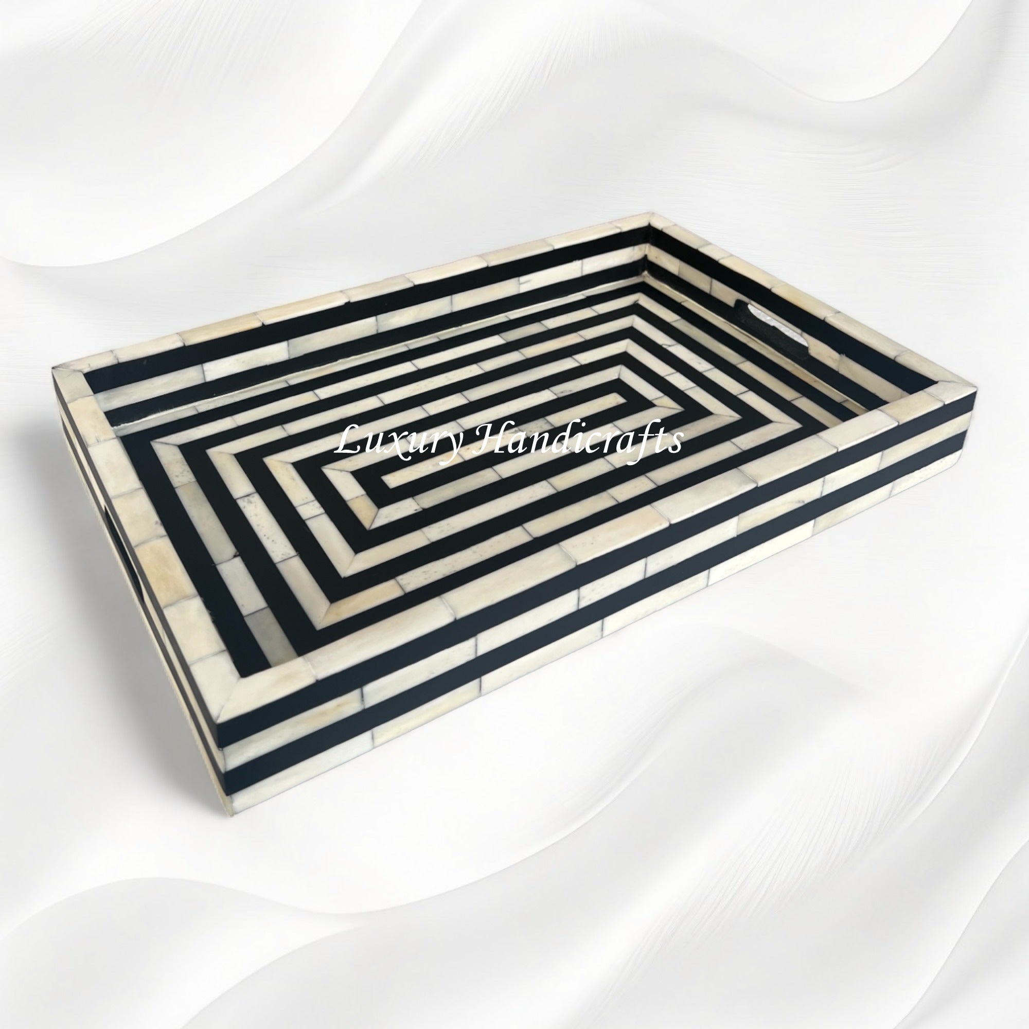 Stripe Bone Inlay Tray Black | Bone Inlay Serving Tray – Luxury Handicraft