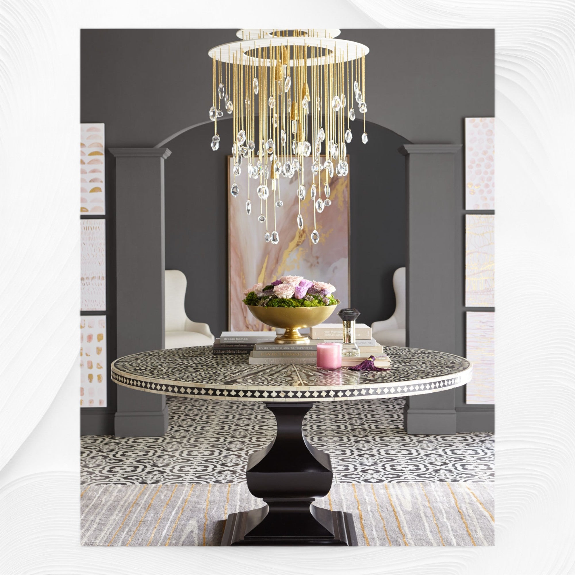 Bone Inlay Round Floral Dining Table Black – Luxury Handicraft