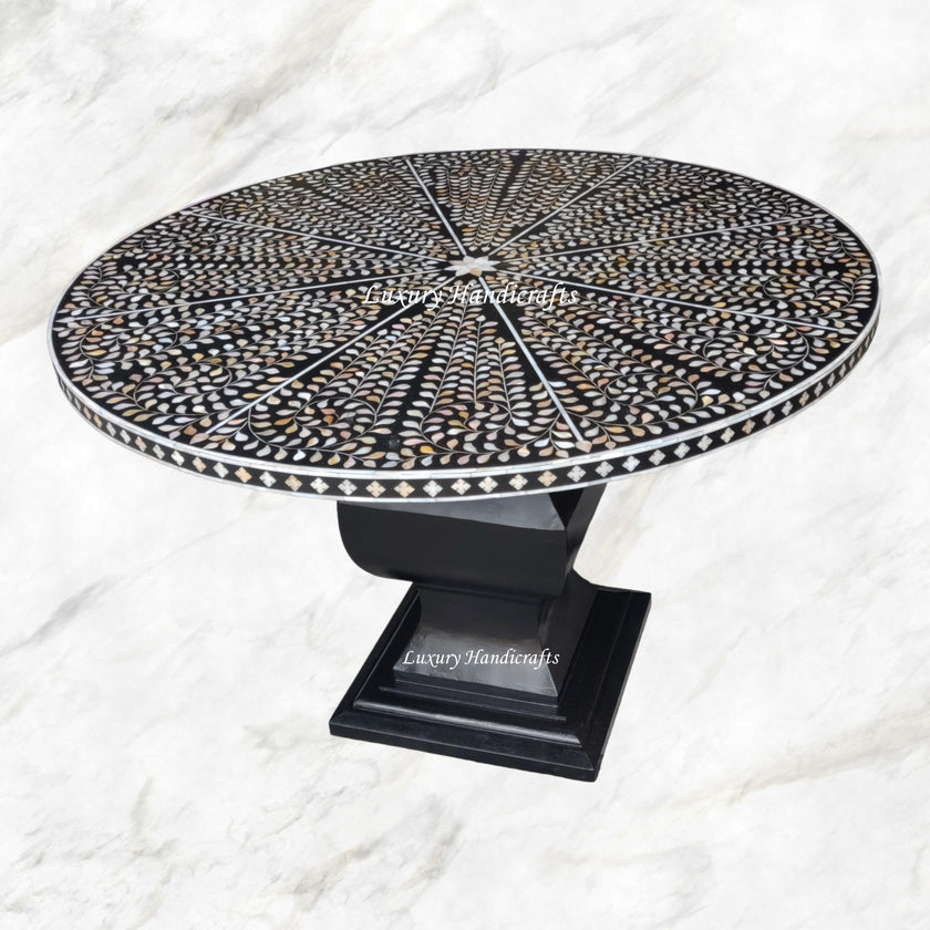 Flora Mother of Pearl Inlay Dining Table Black – Luxury Handicraft