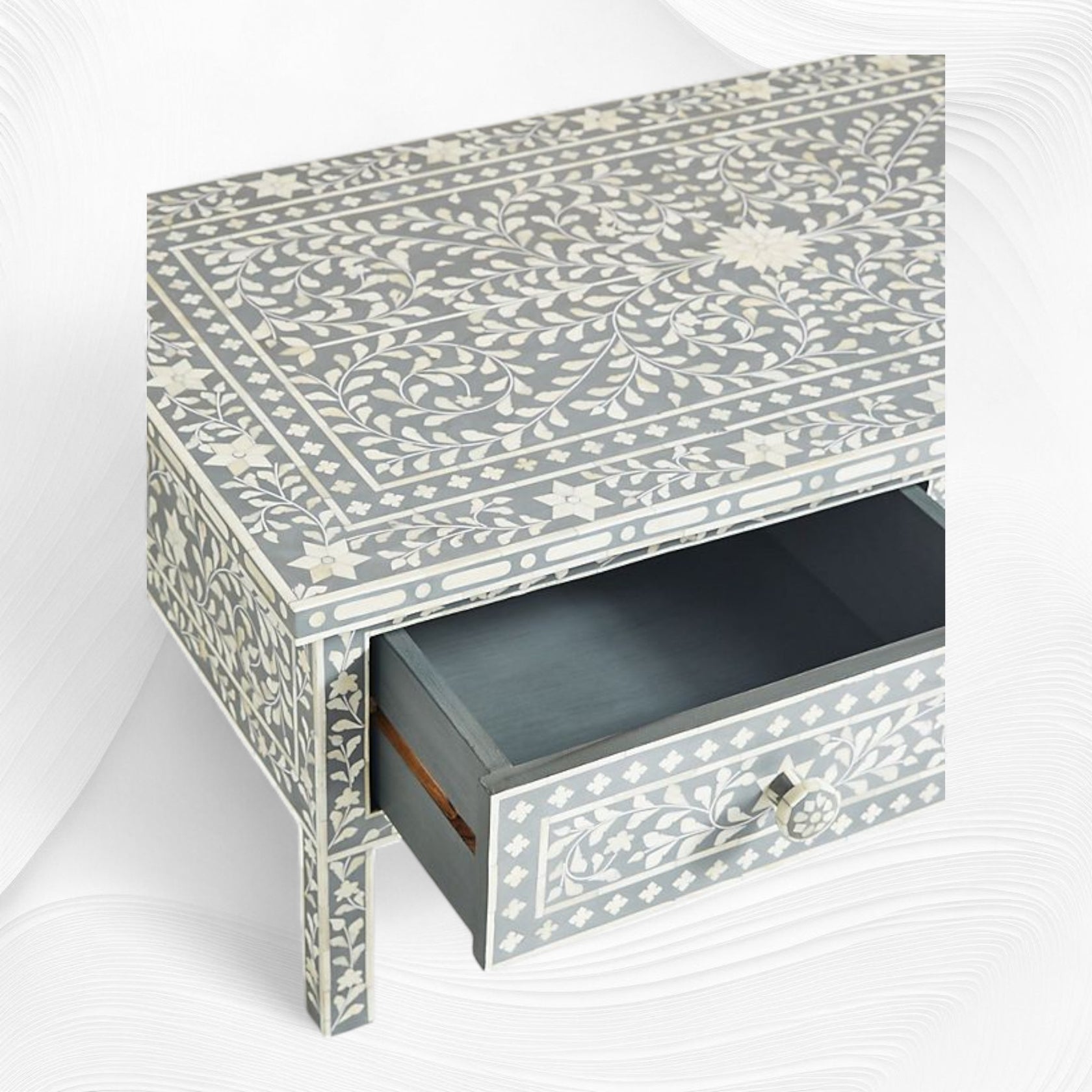 Floral Bone Inlay 2 Drawer Coffee Table Grey | Coffee Table With Inlay ...