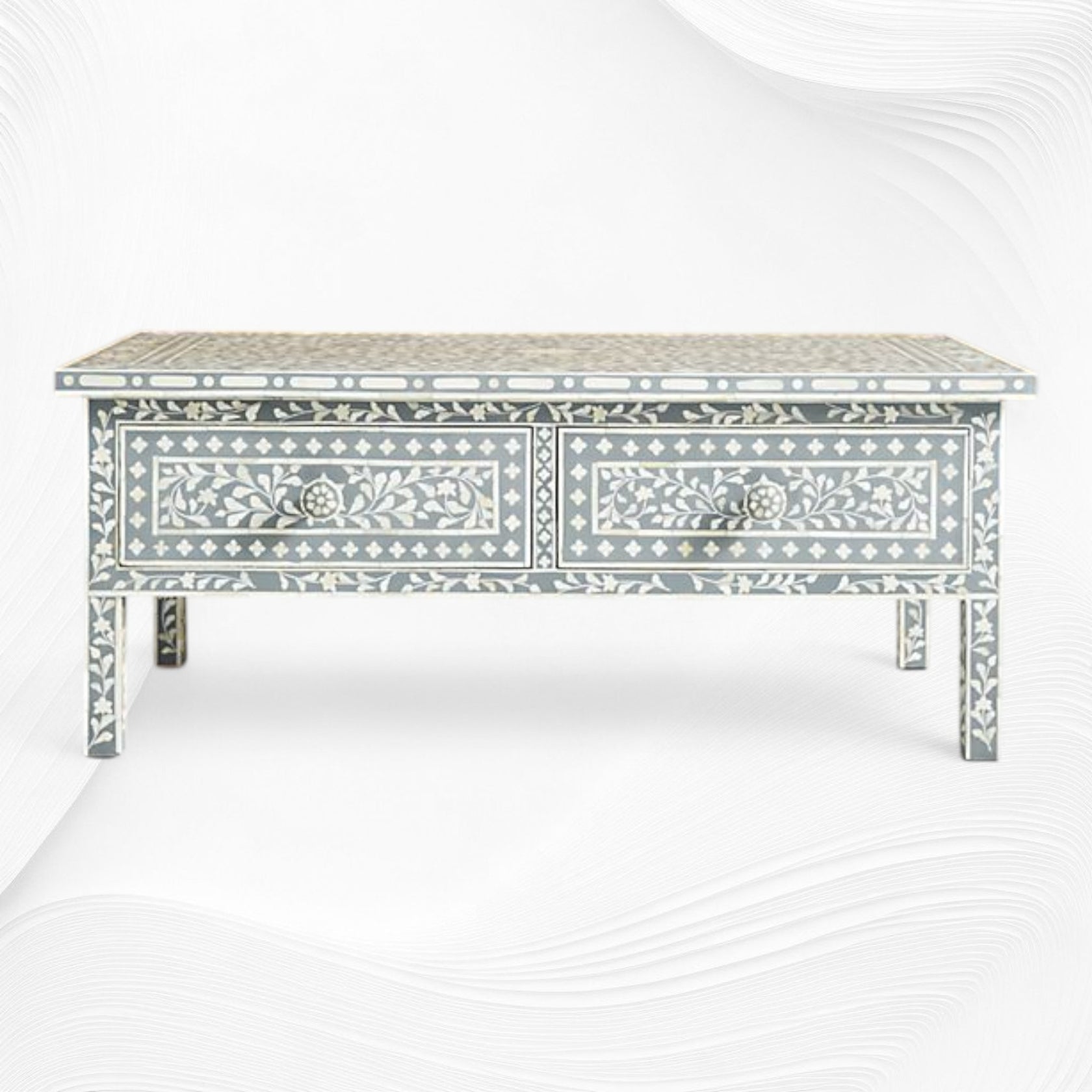 Floral Bone Inlay 2 Drawer Coffee Table Grey | Coffee Table With Inlay ...
