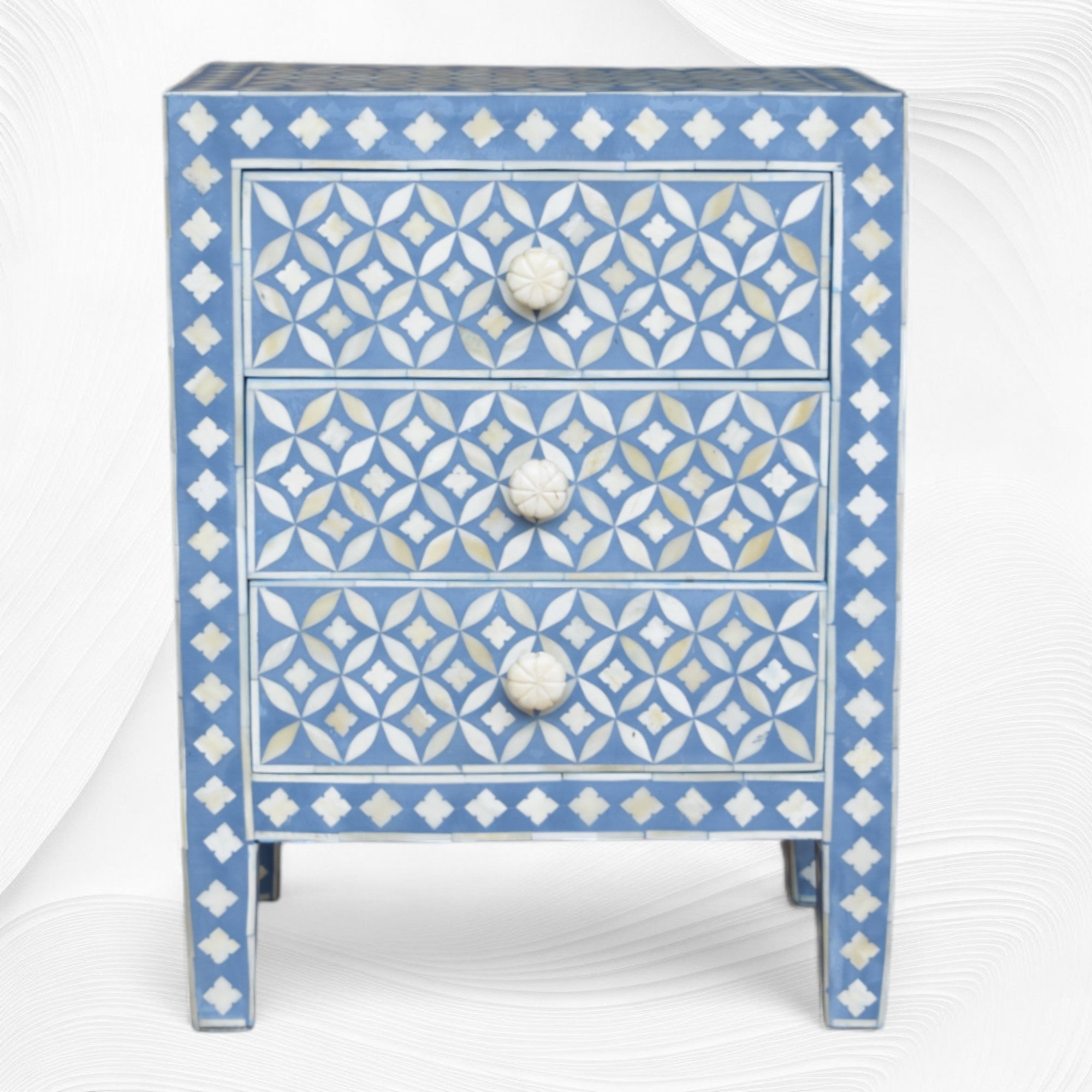 Geometric Bedside Bone Inlay 3 Drawer Blue – Luxury Handicraft