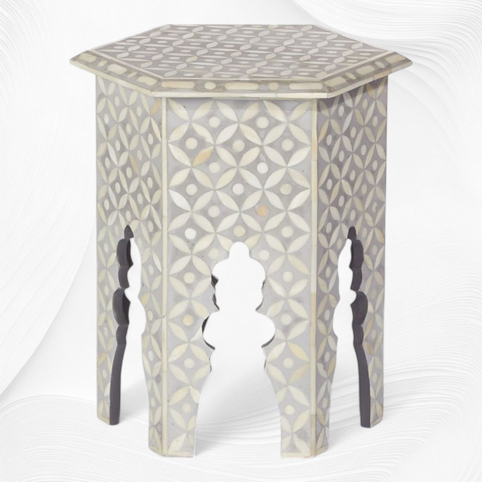 Geometric Bone Inlay Hexagonal Side Table Grey – Luxury Handicraft