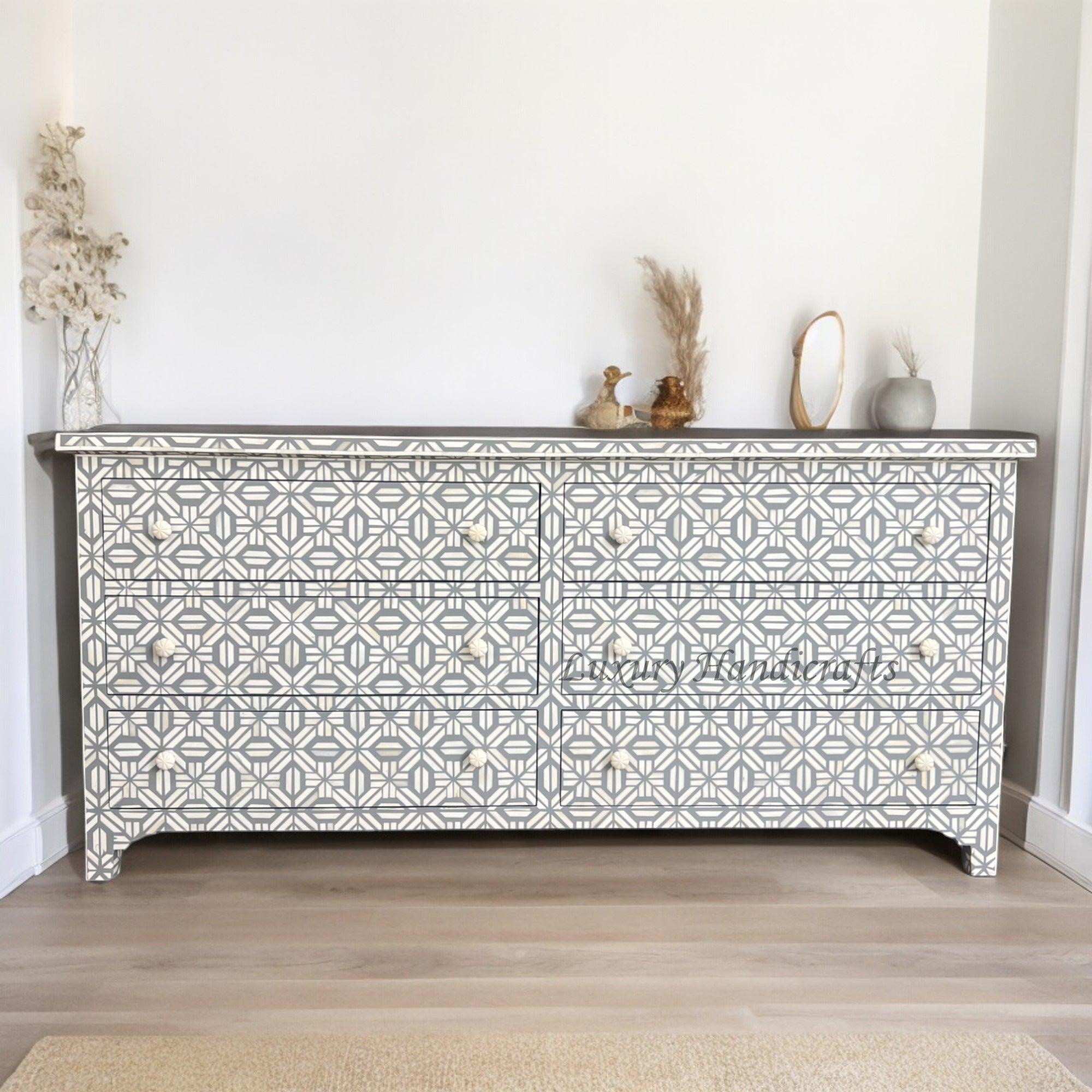 Hope Bone Inlay 6 Drawer Dresser Grey – Luxury Handicraft