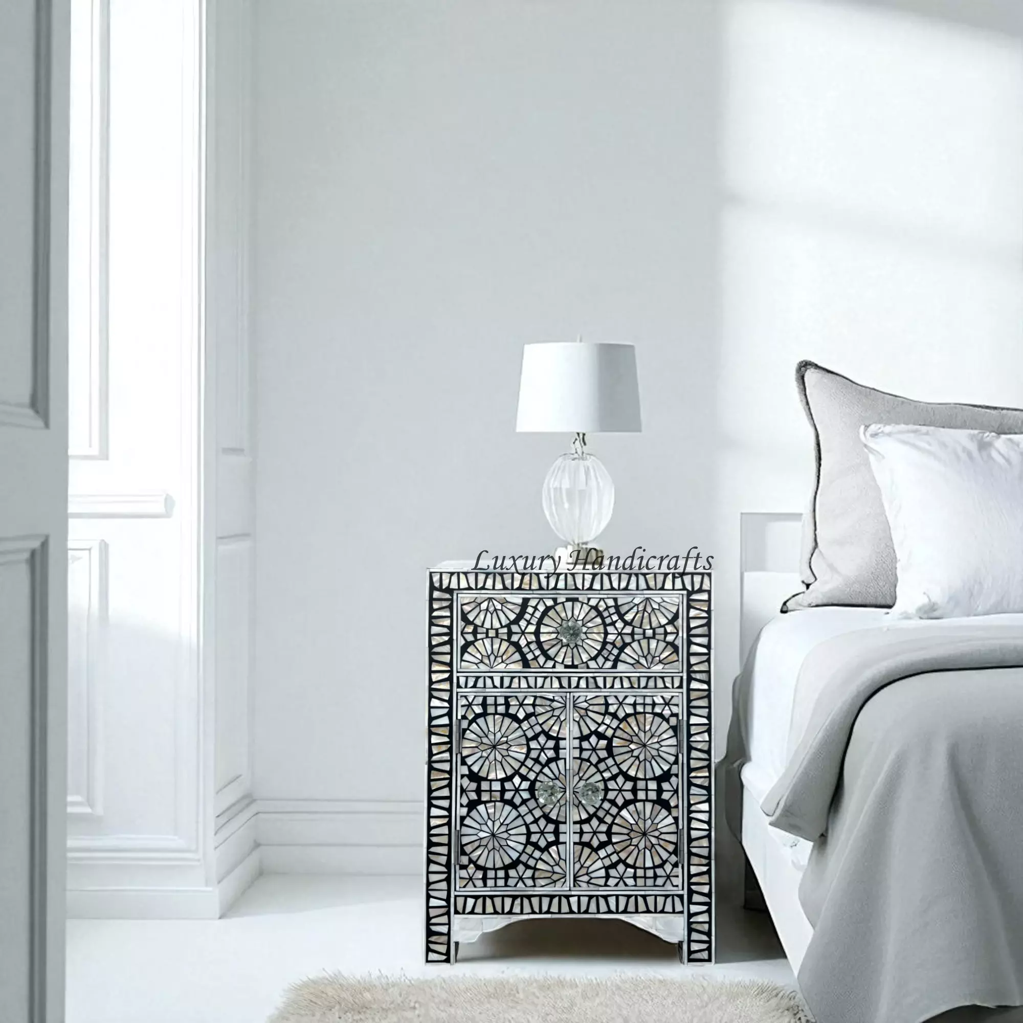 Kaleidoscope Mother of Pearl Inlay Nightstand Black – Luxury Handicraft