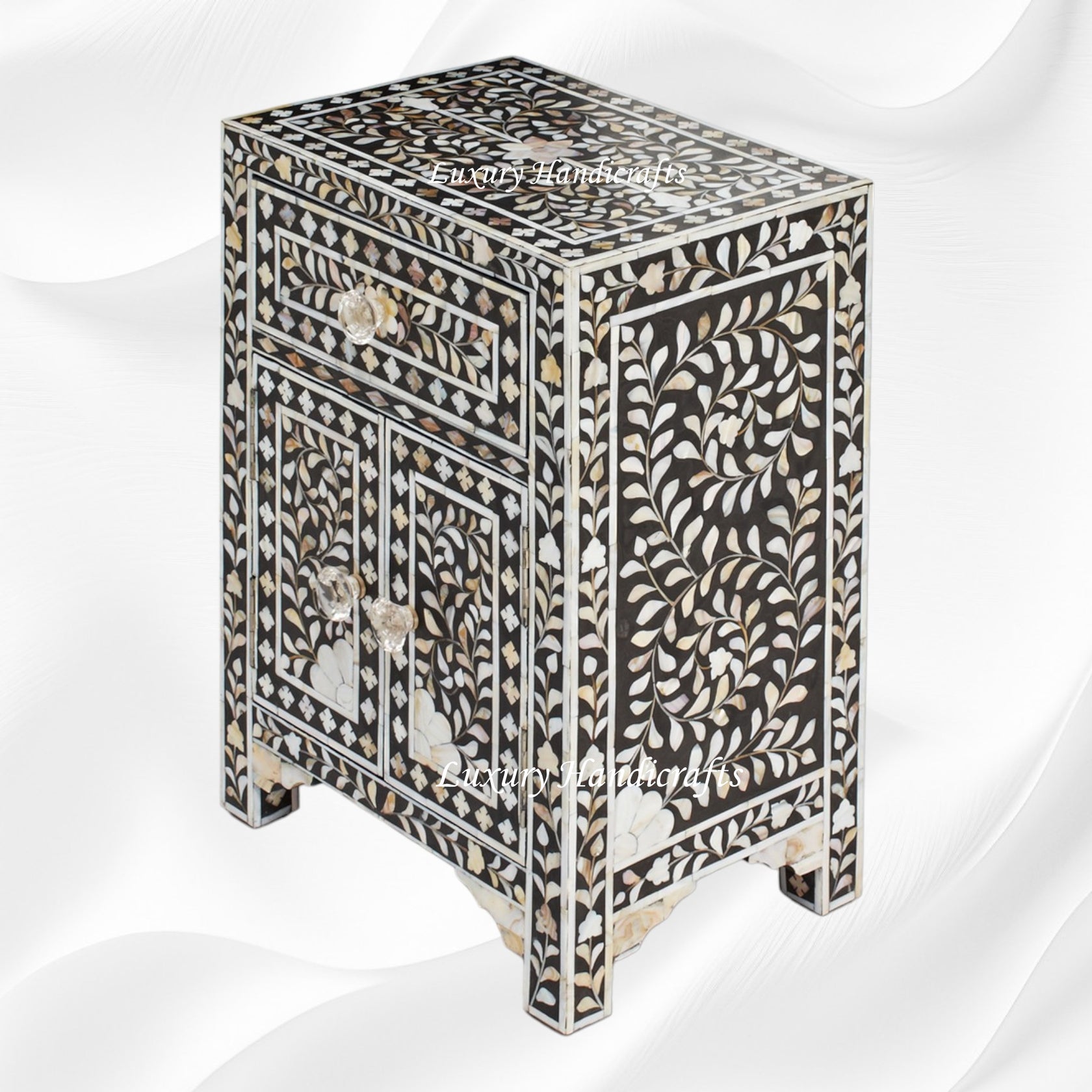 MOP Floral 1 Drawer 2 Door Bedside Table Black – Luxury Handicraft