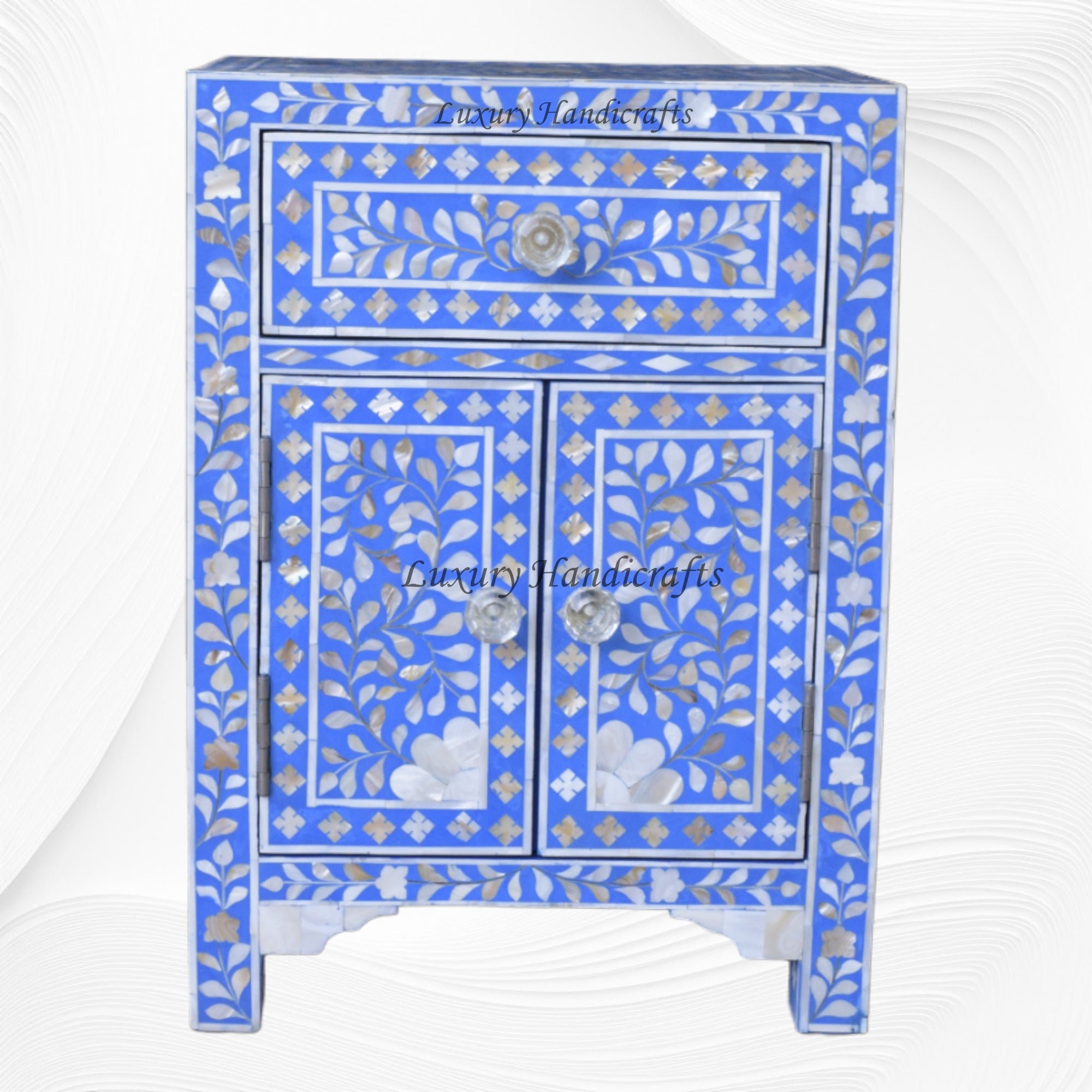 MOP Floral 1 Drawer 2 Door Bedside Table Blue – Luxury Handicraft