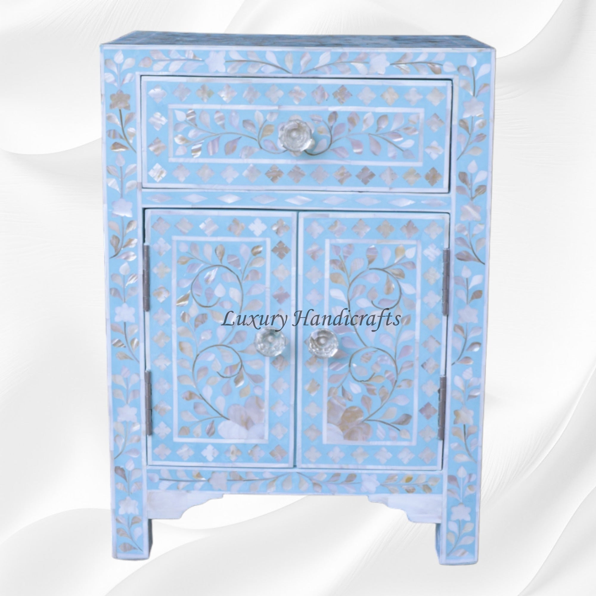 MOP Floral 1 Drawer 2 Door Bedside Table Turquoise – Luxury Handicraft