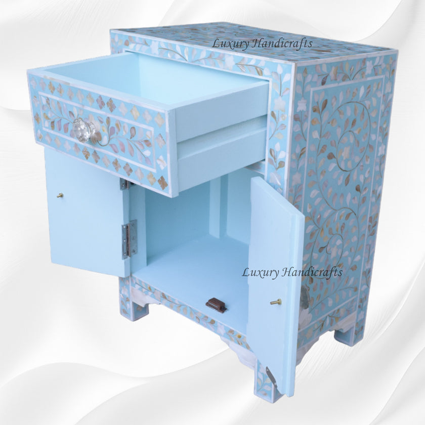 MOP Floral 1 Drawer 2 Door Bedside Table Turquoise – Luxury Handicraft