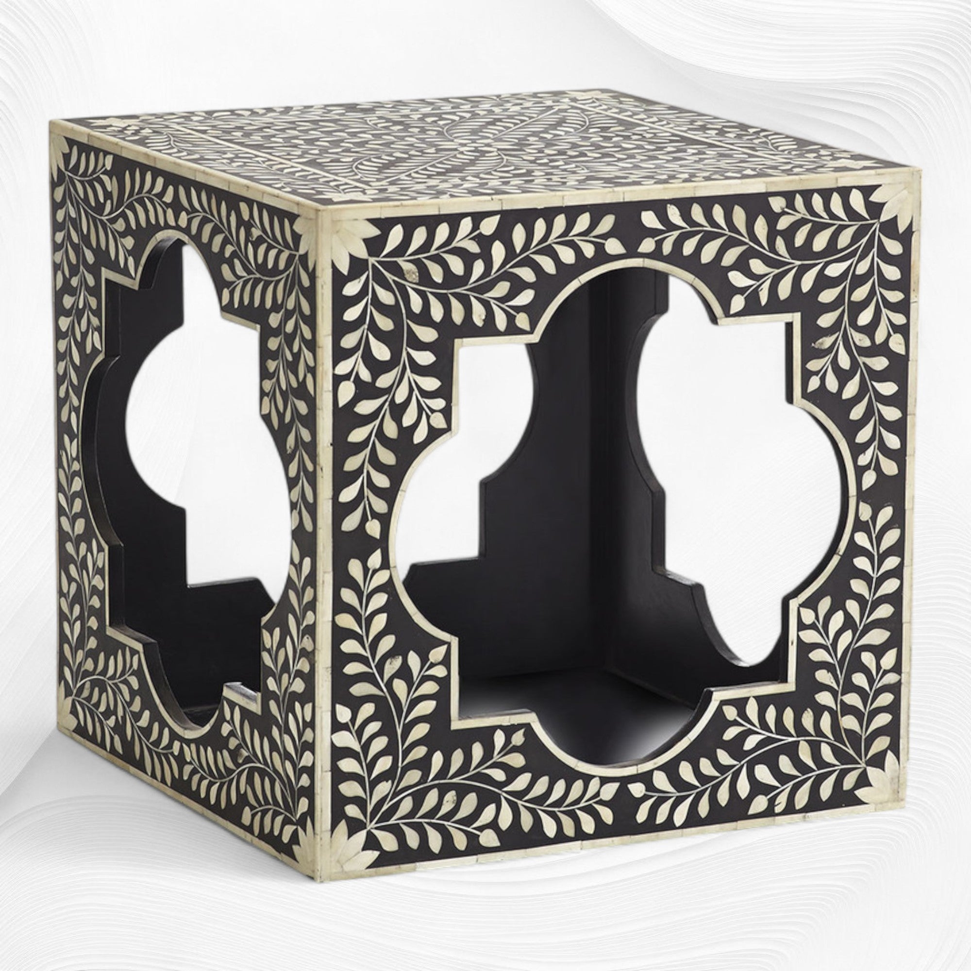 Quatrefoil Bone Inlay Side Table Black Floral – Luxury Handicraft