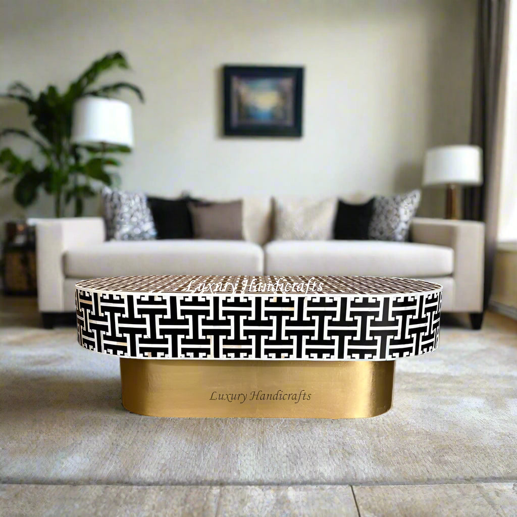 Tetris Mother of Pearl Inlay Oval Center Table Black – Luxury Handicraft