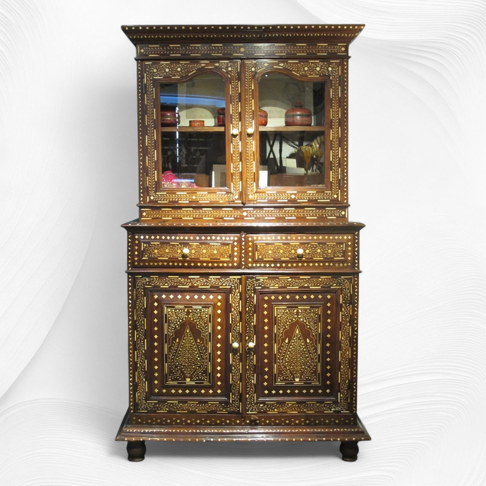 Vintage Anglo Indian Teak Wood Bone Inlay Crockery Unit – Luxury Handicraft