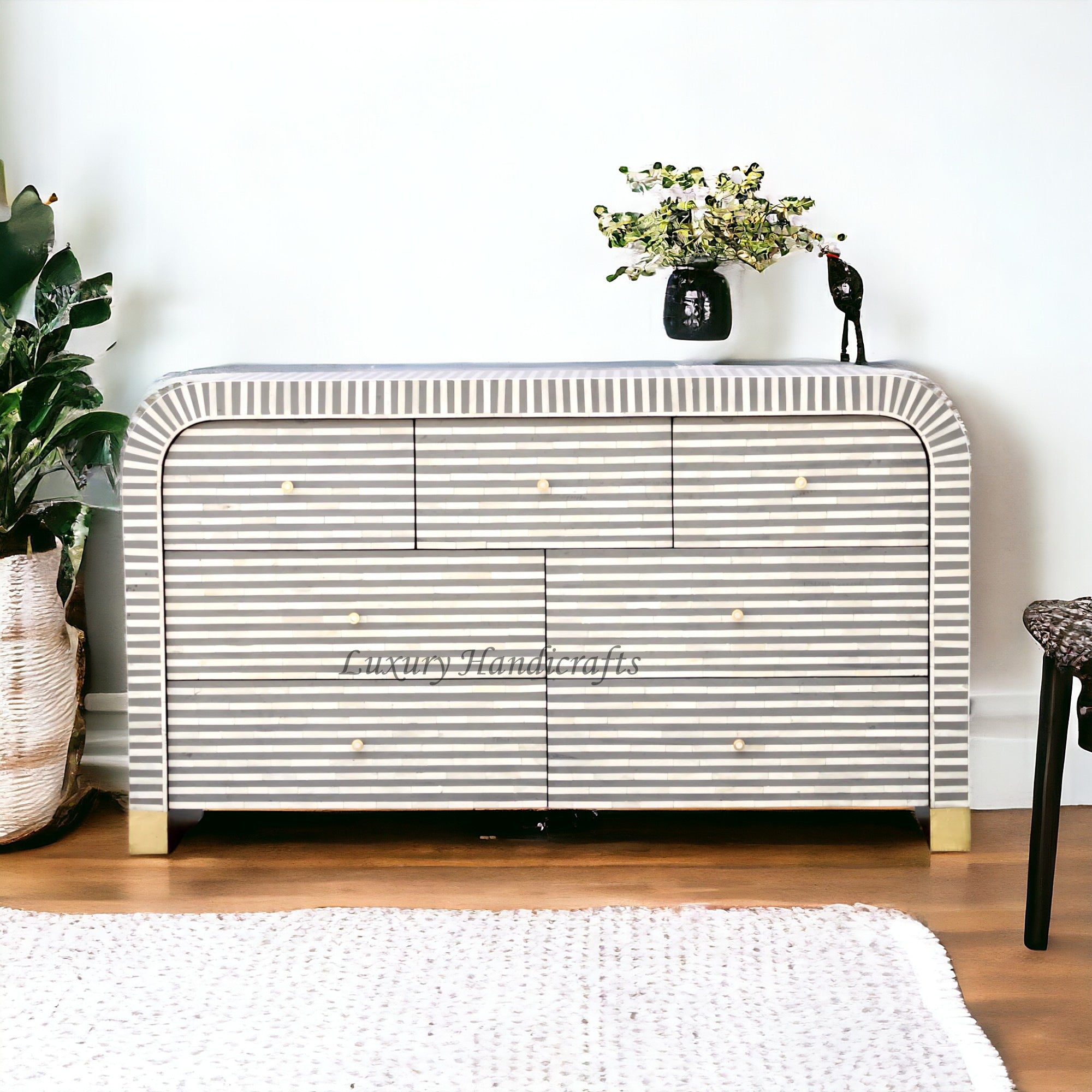 Waterfall Bone Inlay 7 Drawer Sideboard Grey – Luxury Handicraft