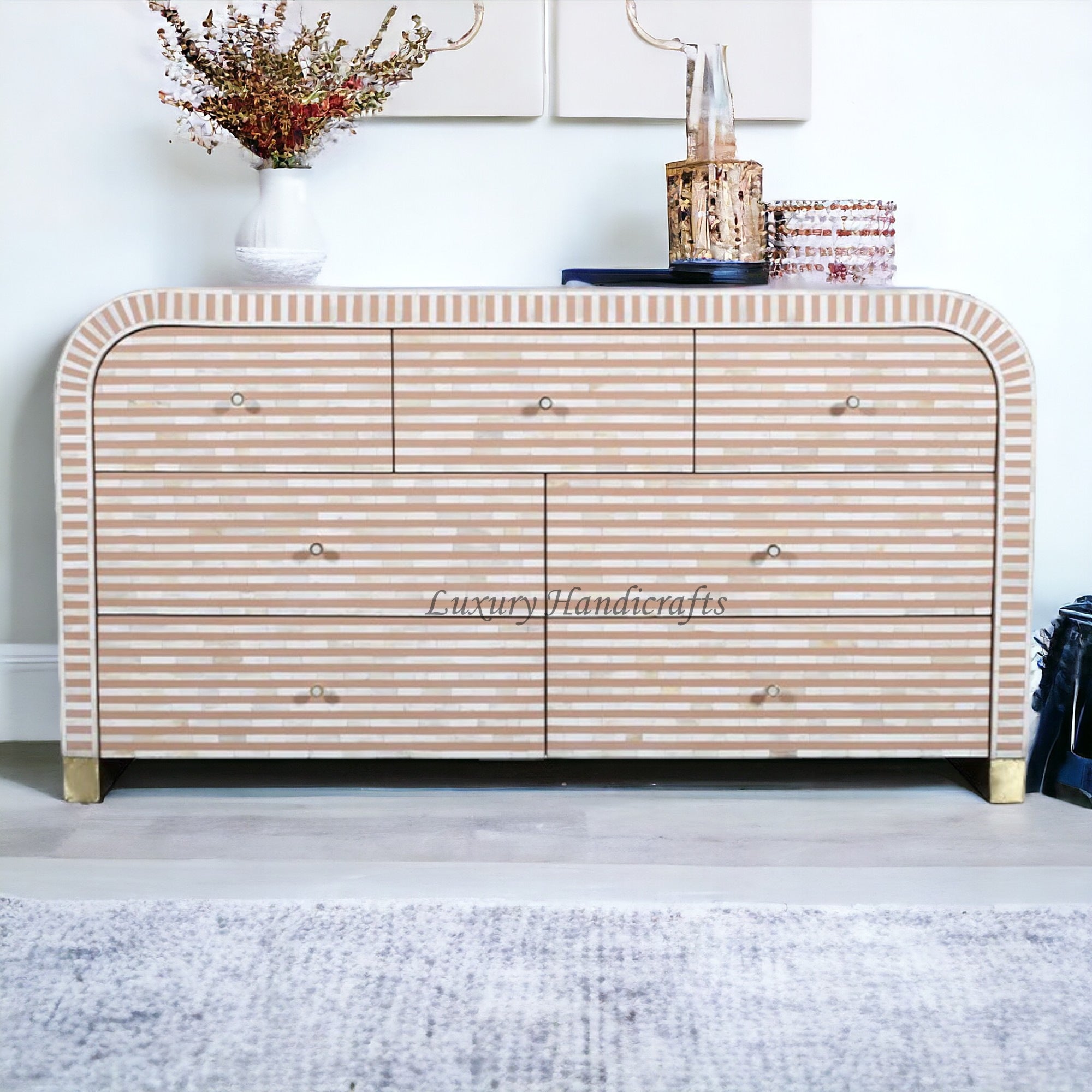 Waterfall Bone Inlay 7 Drawer Sideboard Peach – Luxury Handicraft